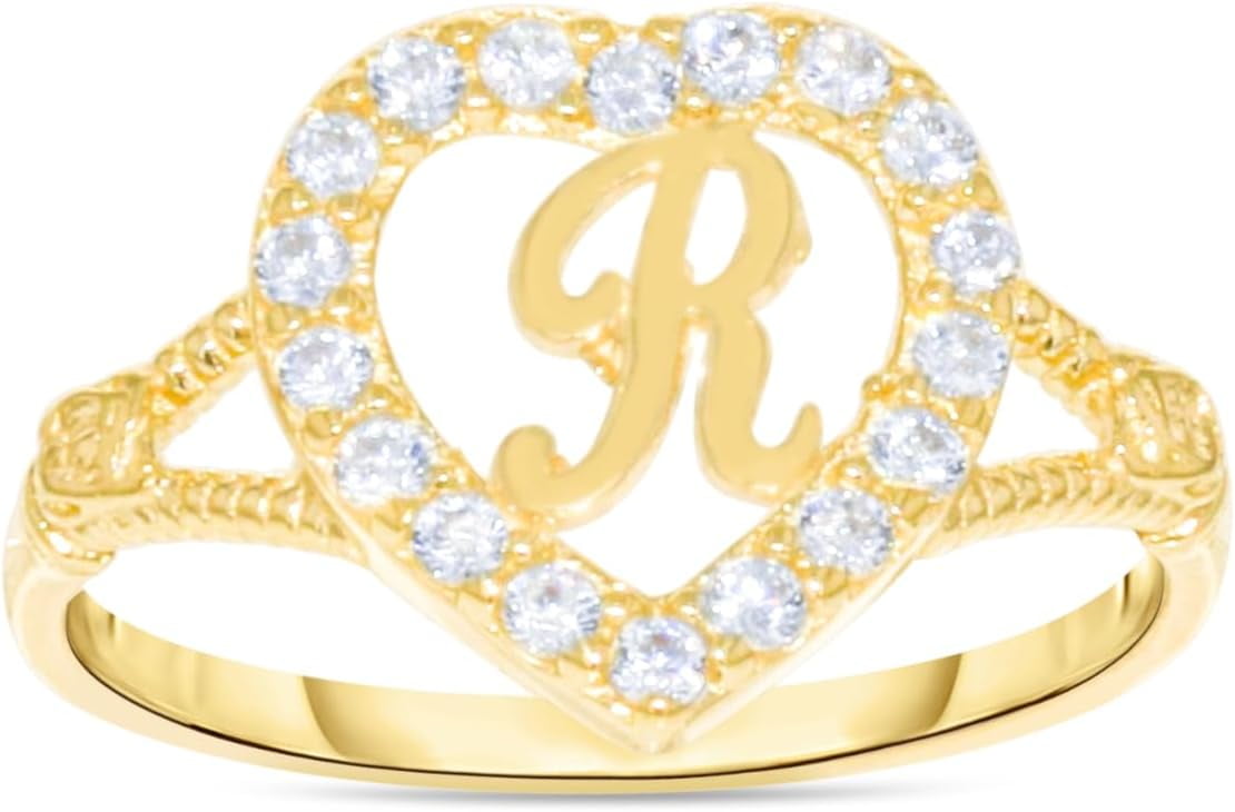 Floreo 10k Yellow Gold CZ Heart Cursive Alphabet A-Z Initial Ring ...