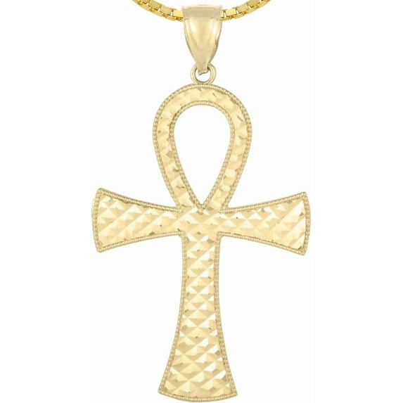 Floreo 14k Yellow Gold 1.1" Diamond Cut Ankh Cross Charm Pendant with ...