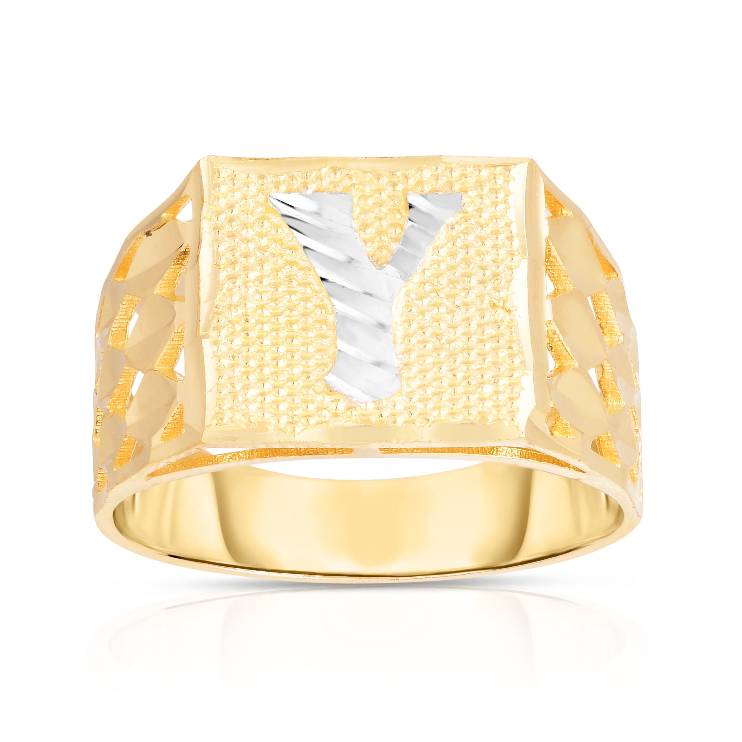 Floreo Men’s 10k Yellow Gold Alphabet Two-Tone Square A-Z Initial Ring ...