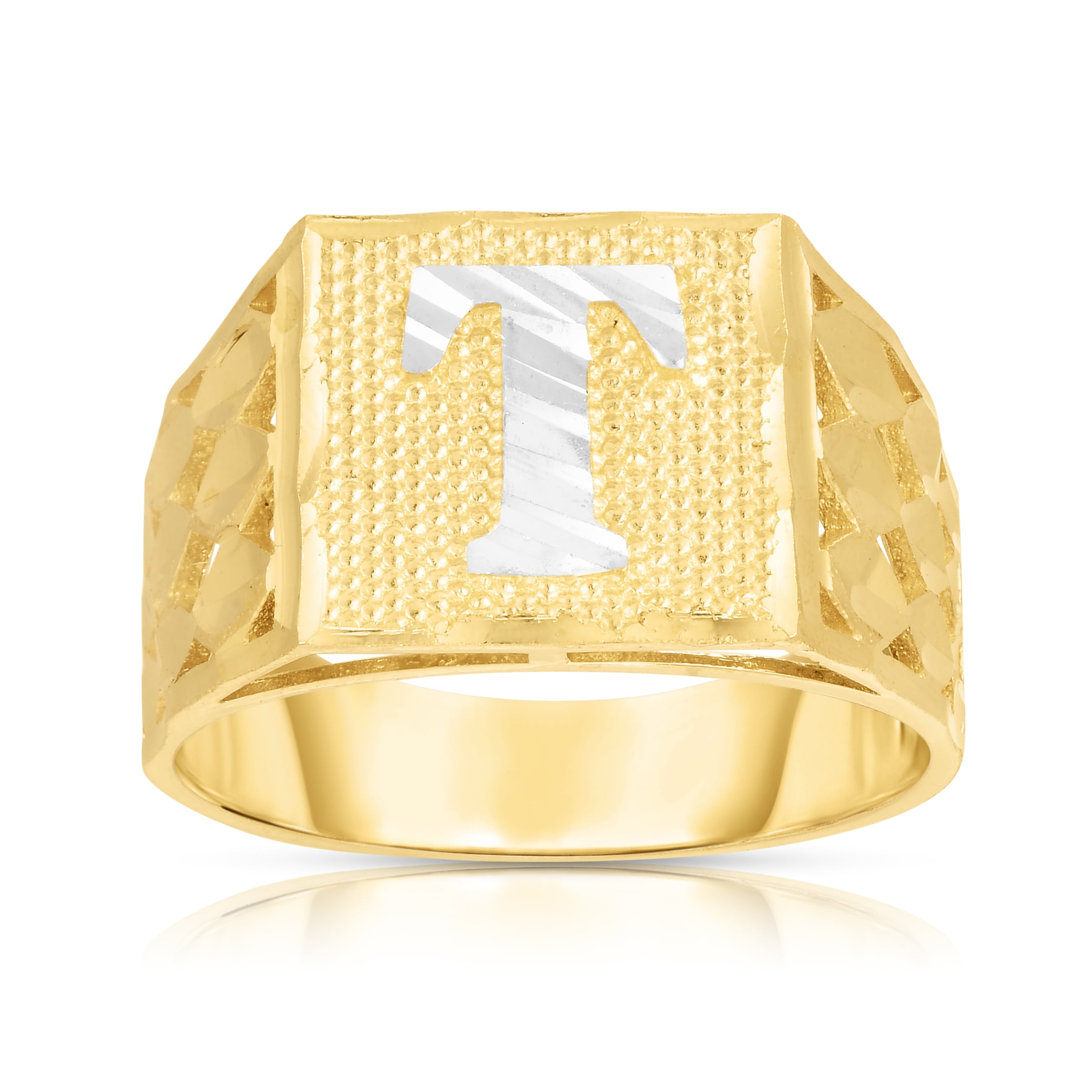 Floreo Men’s 10k Yellow Gold Alphabet Two-Tone Square A-Z Initial Ring ...