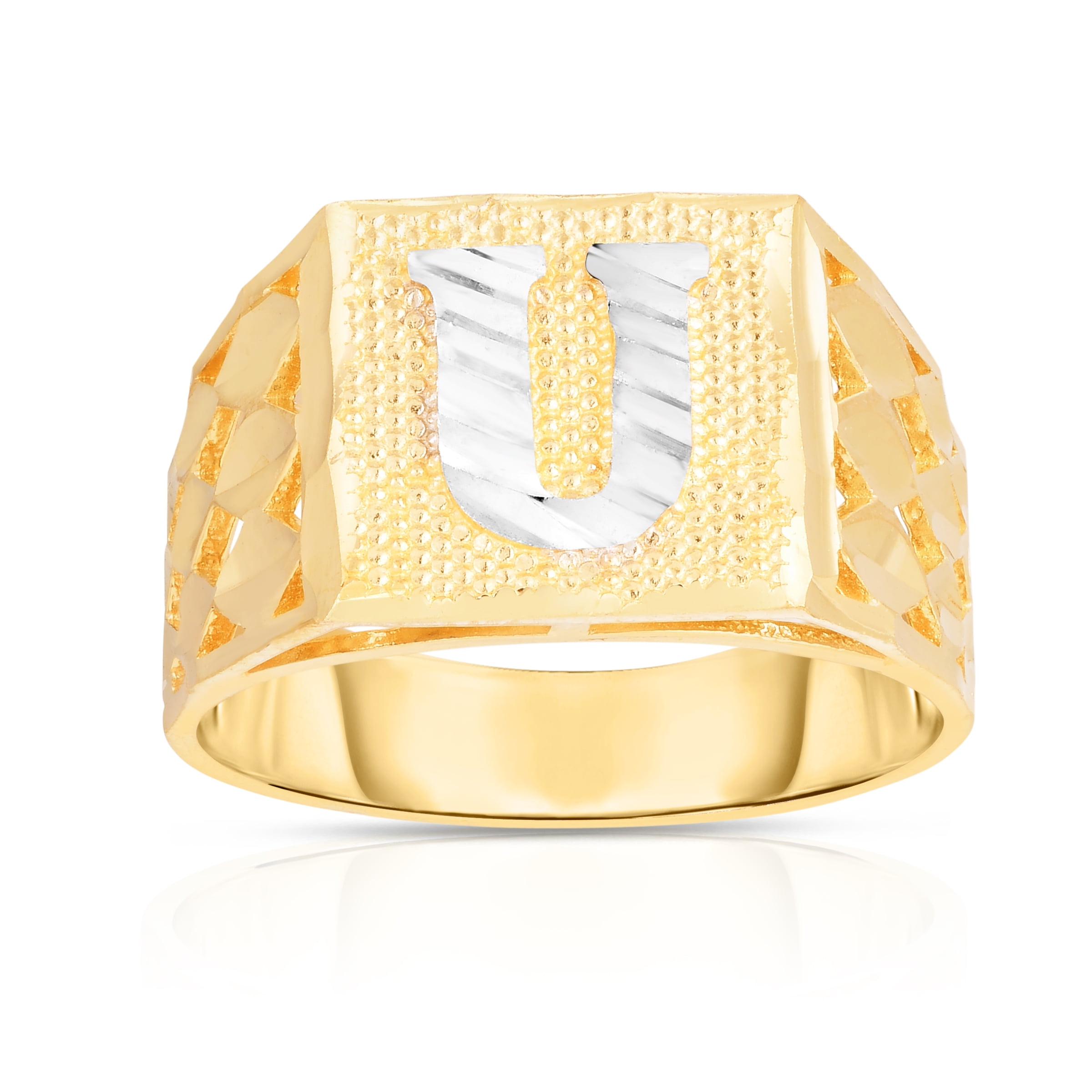 Floreo Men’s 10k Yellow Gold Alphabet Two-Tone Square A-Z Initial Ring ...