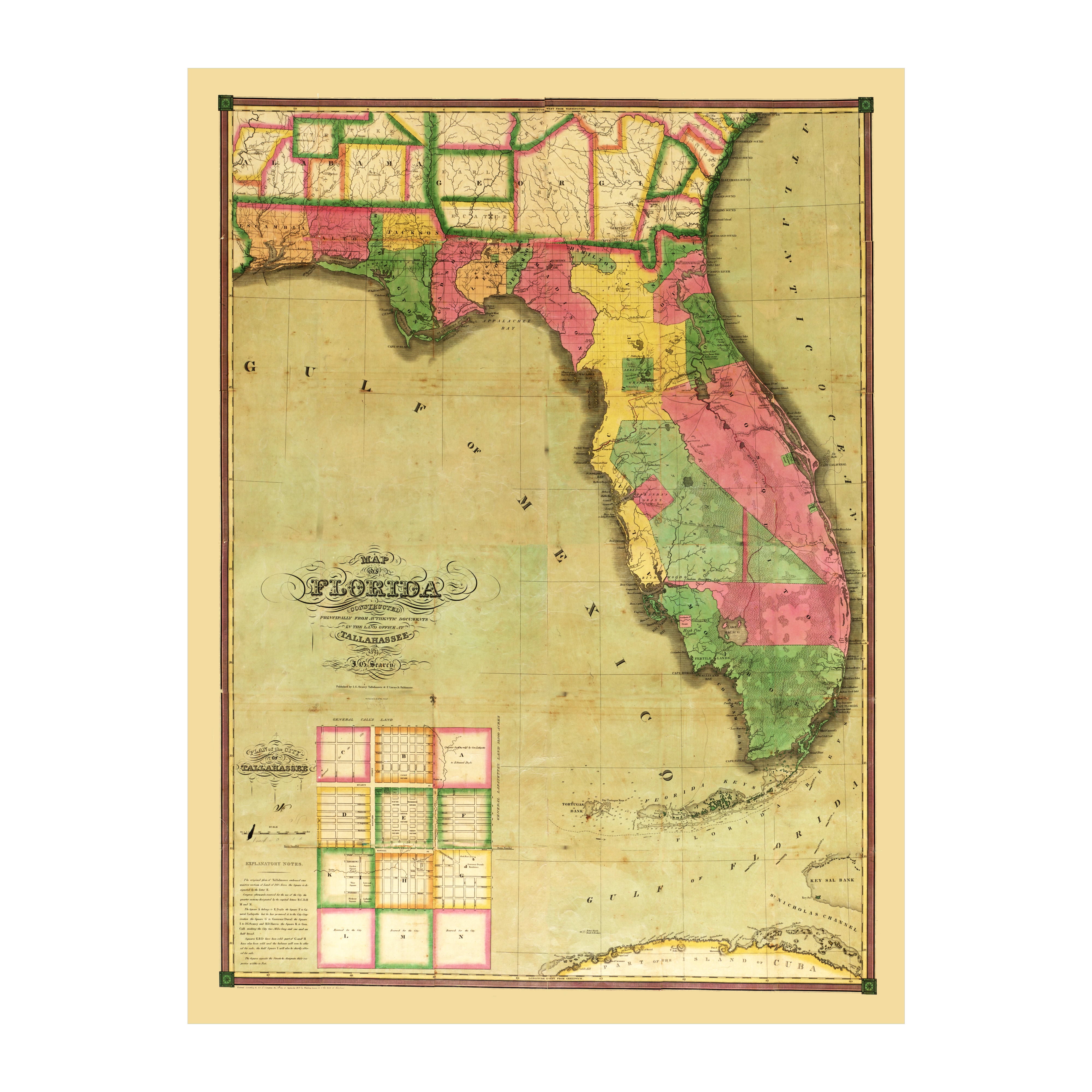 Florida Art, 1829 Vintage Map of Florida History Wall Decor Gift, Old ...