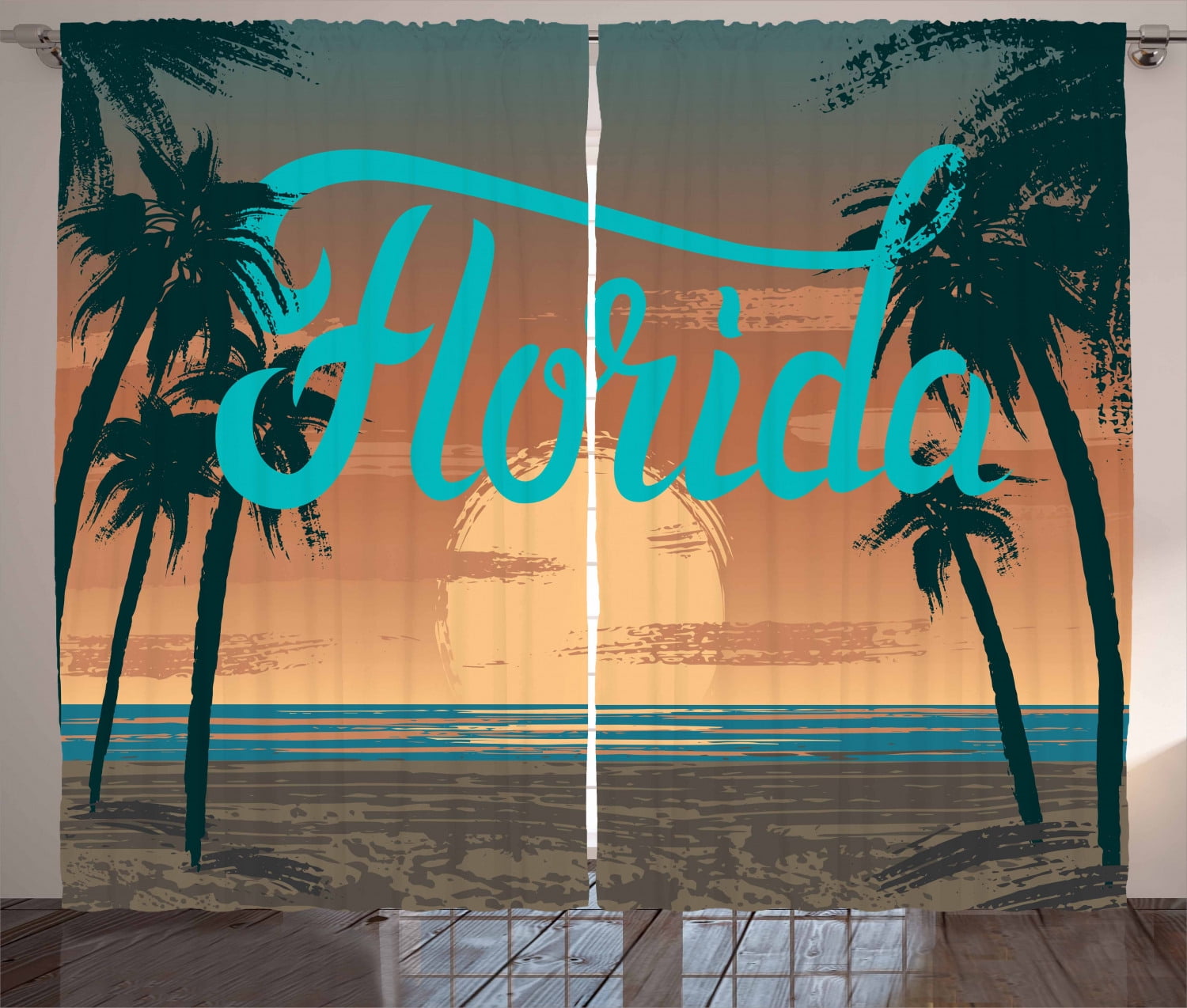 Florida Curtains 2 Panels Set, Hand Painting Style Grungy Sunset ...