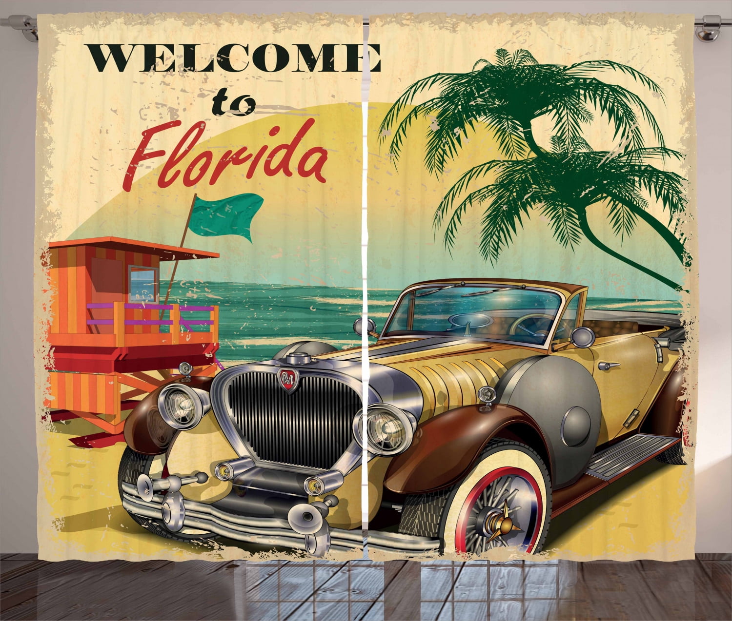 Ambesonne Florida Curtains 2 Panel Set, Old Beach Car Picture, 108" x ...