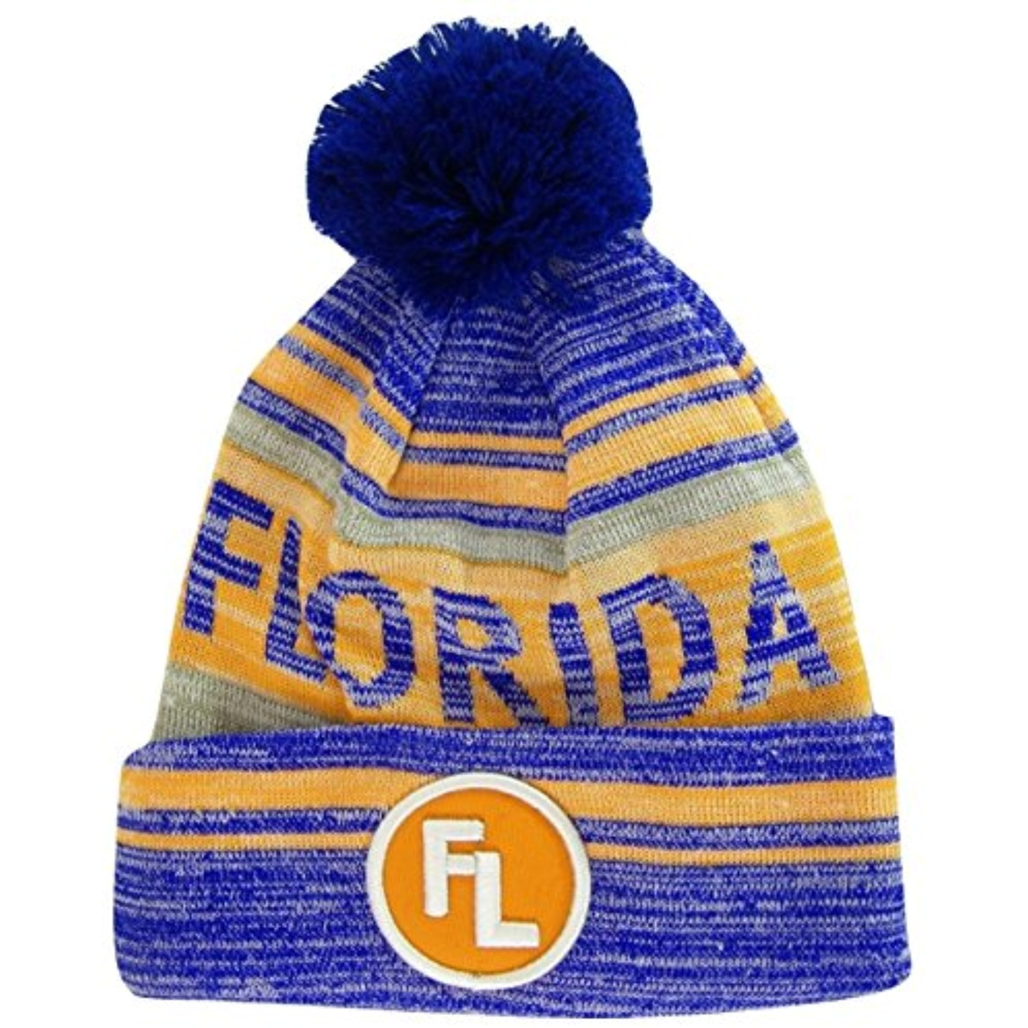Florida FL Patch Fade Out Cuffed Knit Winter Pom Beanie Hat (Royal ...