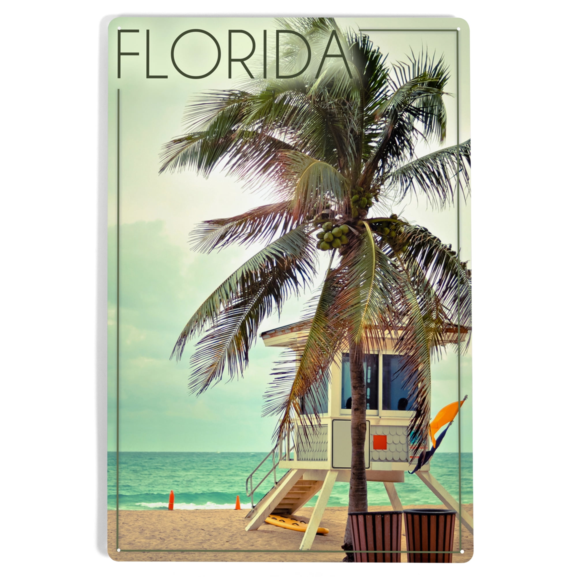 Florida, Lifeguard Shack and Palm (12x18 Aluminum Art, Indoor Outdoor ...
