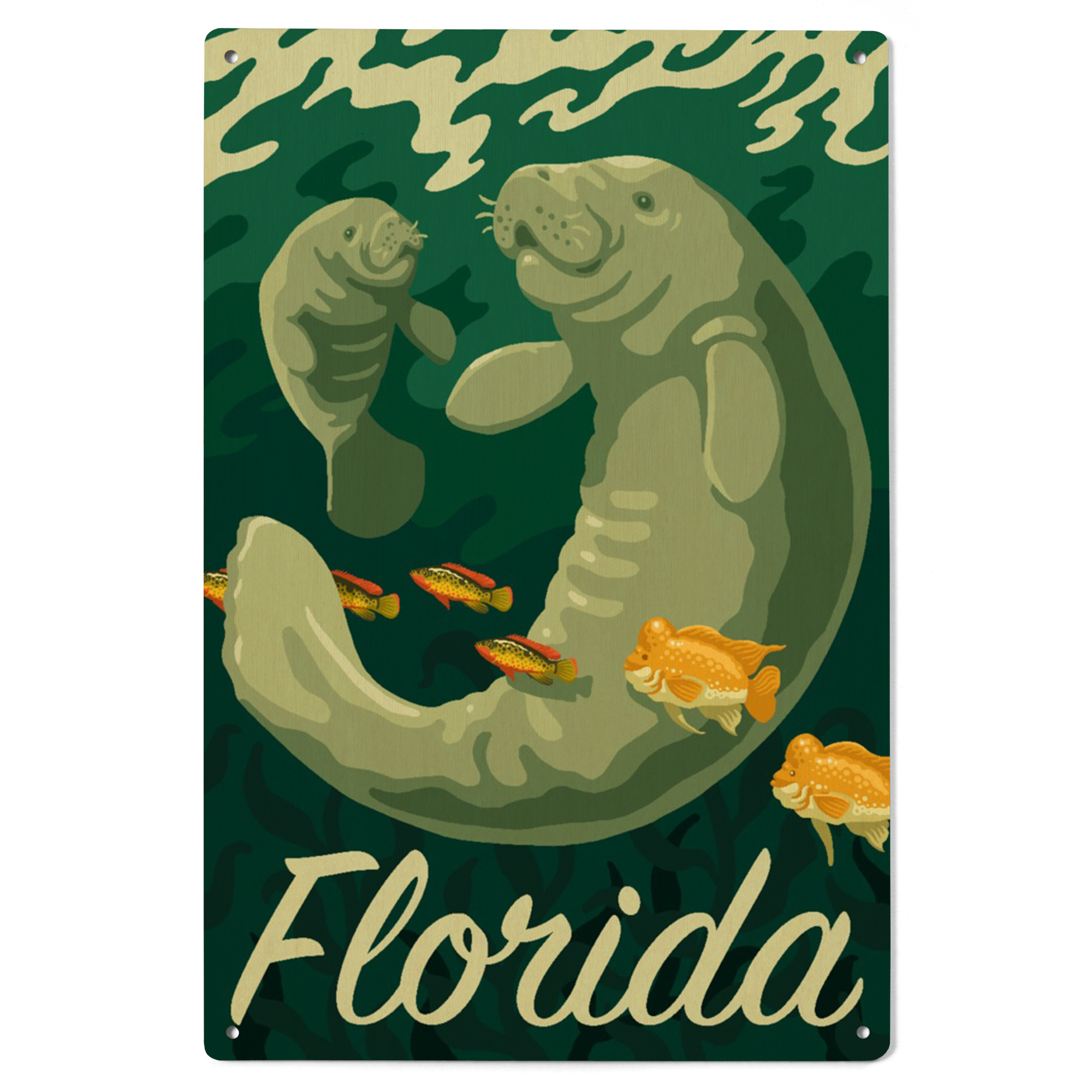 Florida, Manatee and Calf Swimming Birch Wood Wall Sign (6x9 Rustic ...