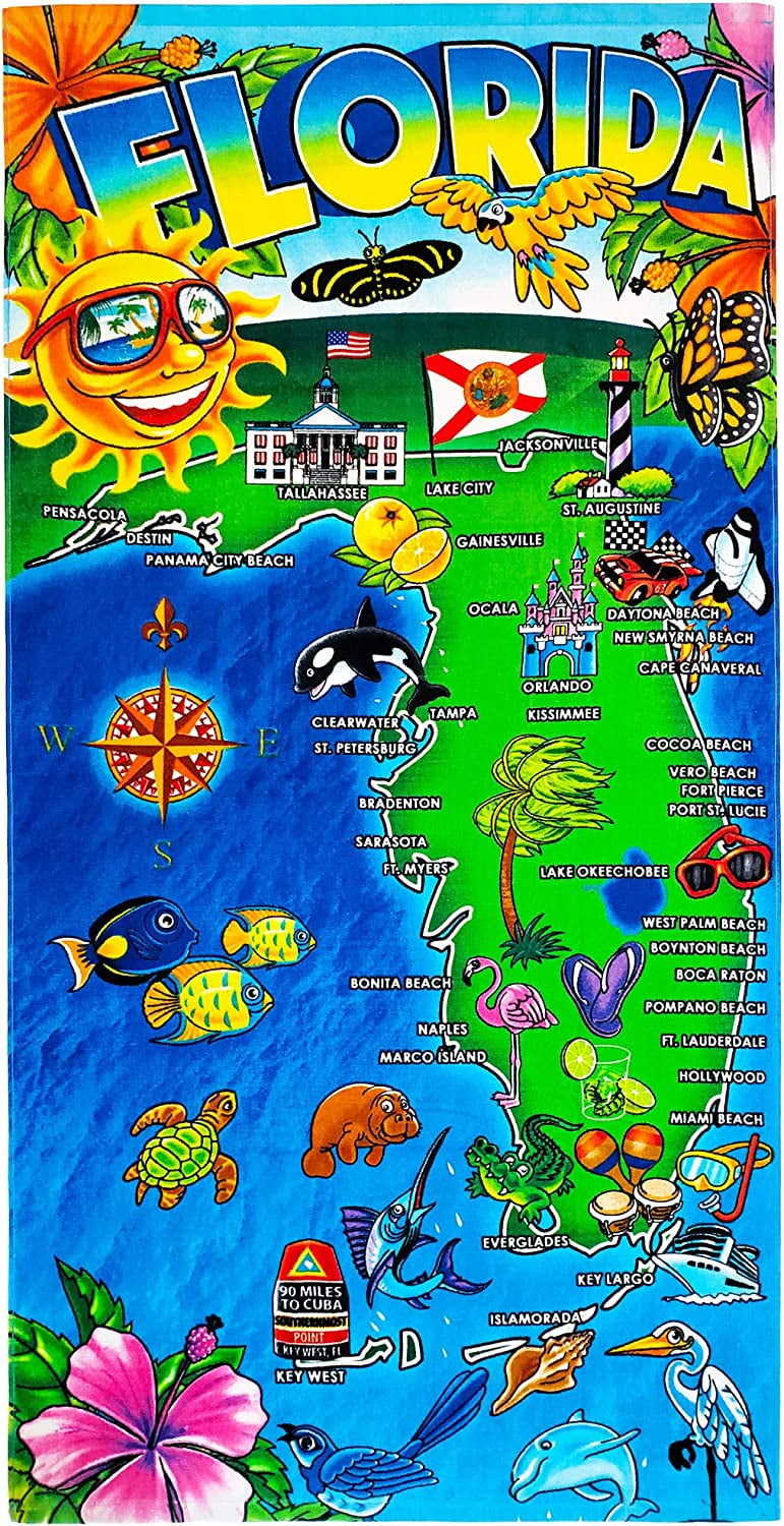 100% Cotton Florida Map Beach Towel - 30 x 60 inch, Sunshine State ...