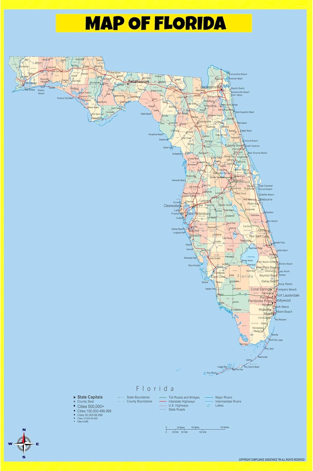 Florida Map Poster - Laminated Wall Map - Style A - 36x60 - Ideal for Classrooms and Homes ...