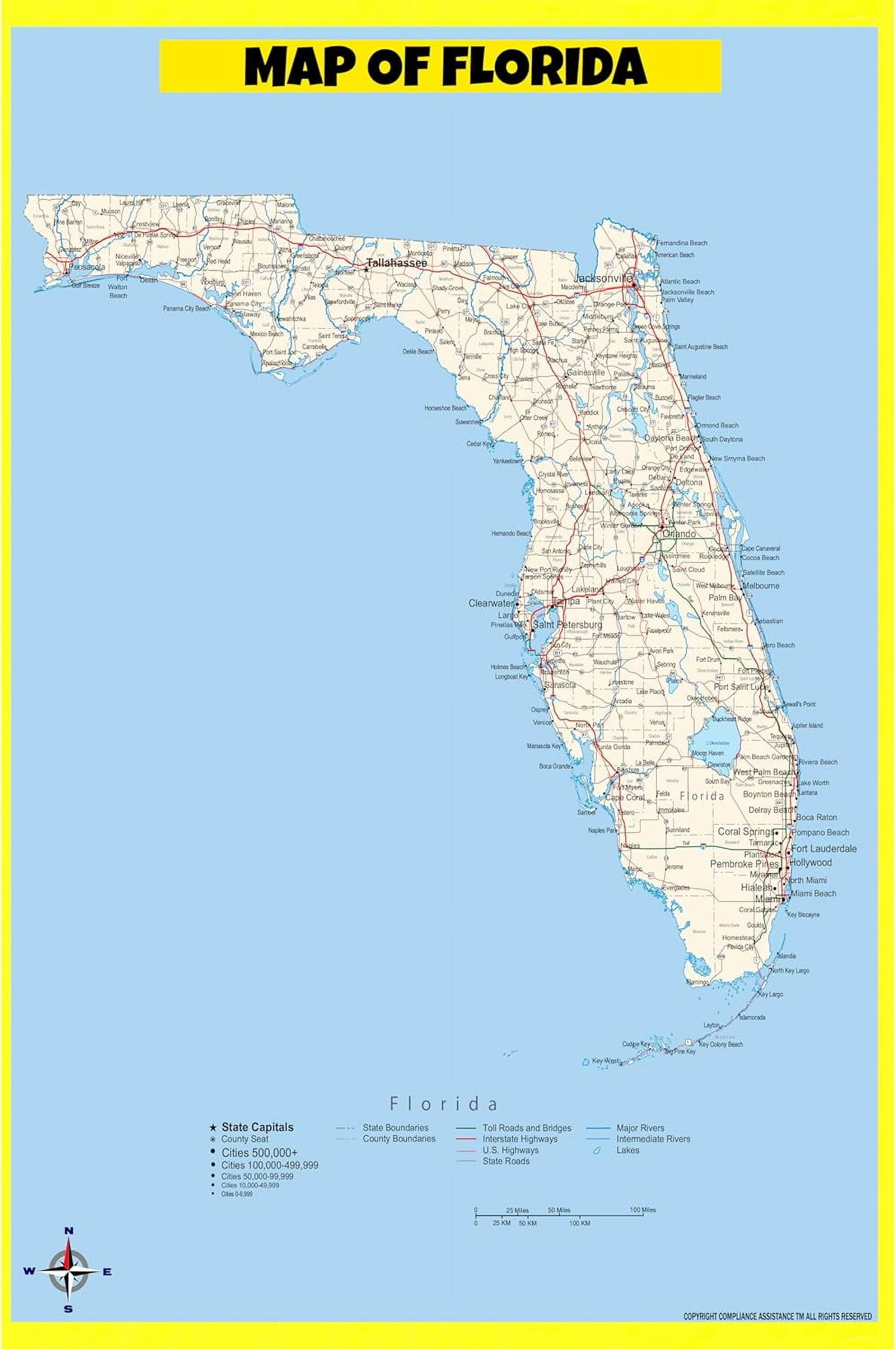 Florida Map Poster - Laminated Wall Map - Style B - 36x60 - Ideal for Classrooms and Homes ...
