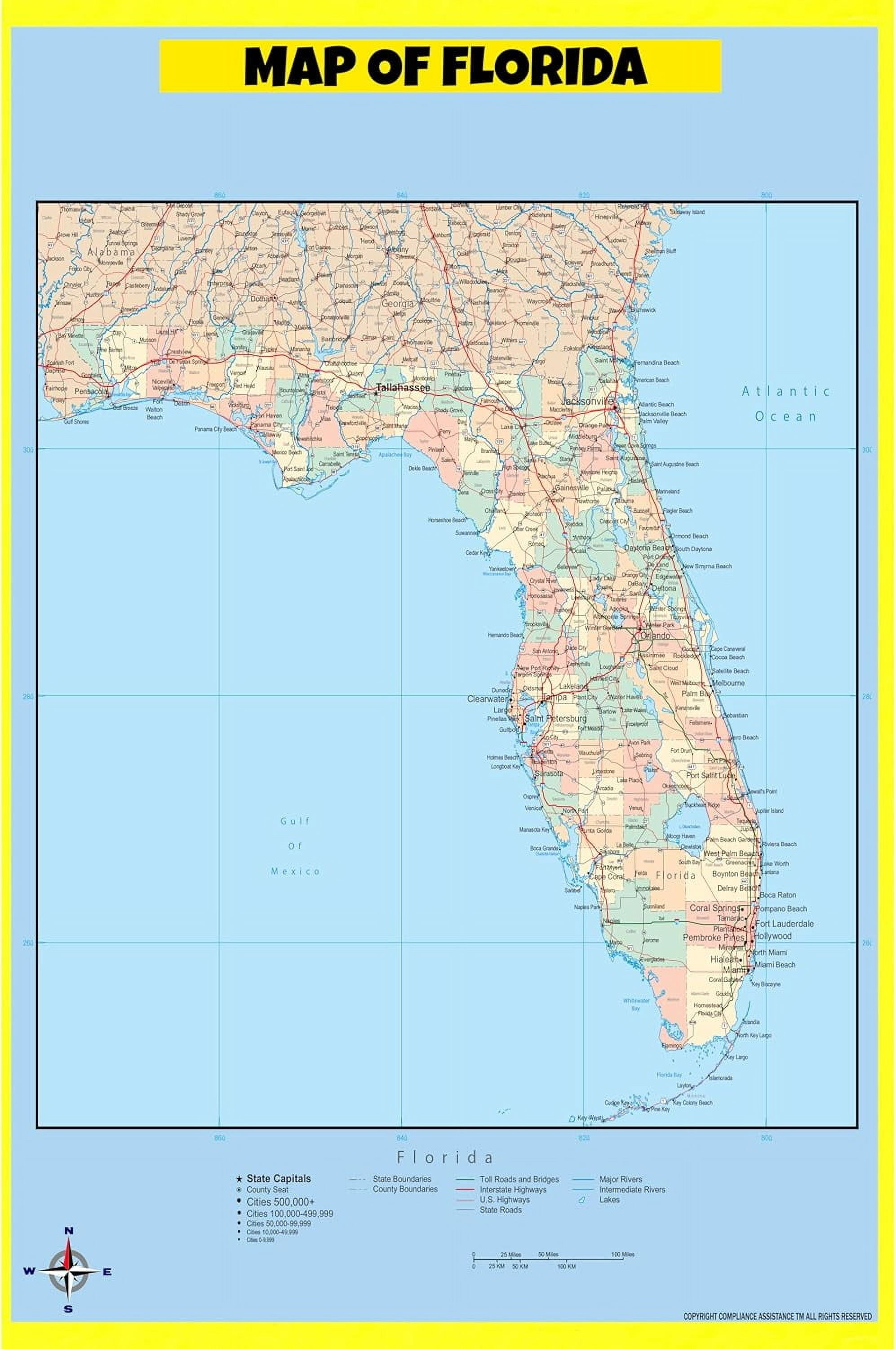 Florida Map Poster - Laminated Wall Map - Style C - 36x60 - Ideal for ...