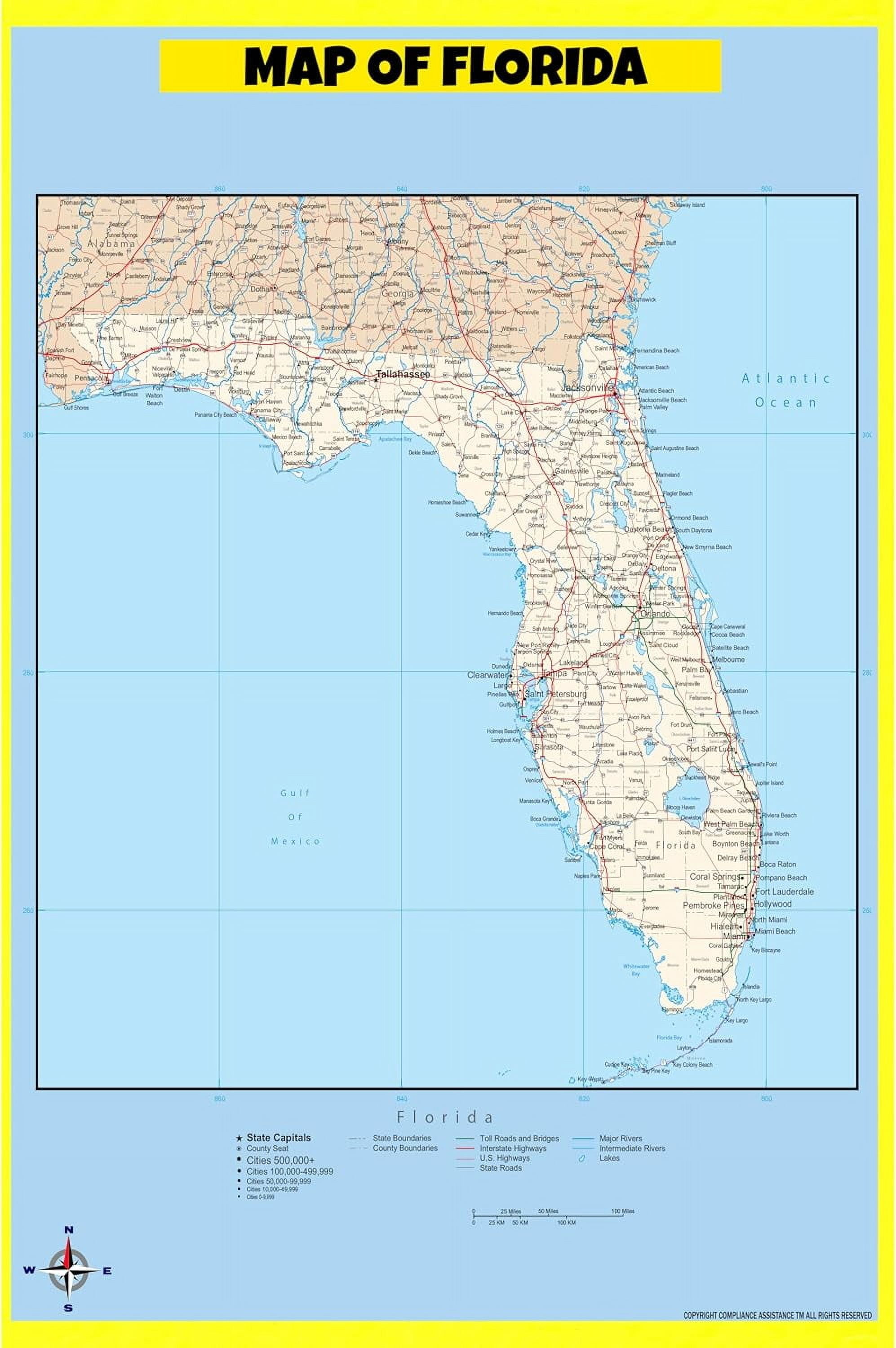 Florida Map Poster - Laminated Wall Map - Style D - 36x60 - Ideal for ...