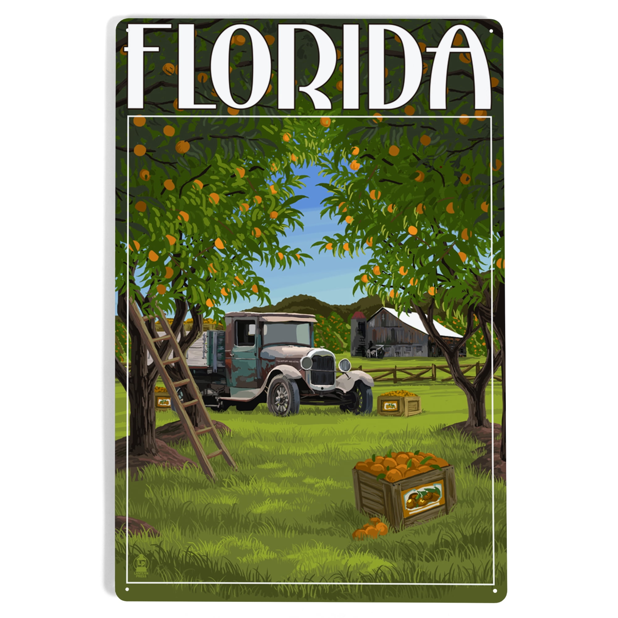 Florida, Orange Grove with Truck (12x18 Aluminum Art, Indoor Outdoor ...