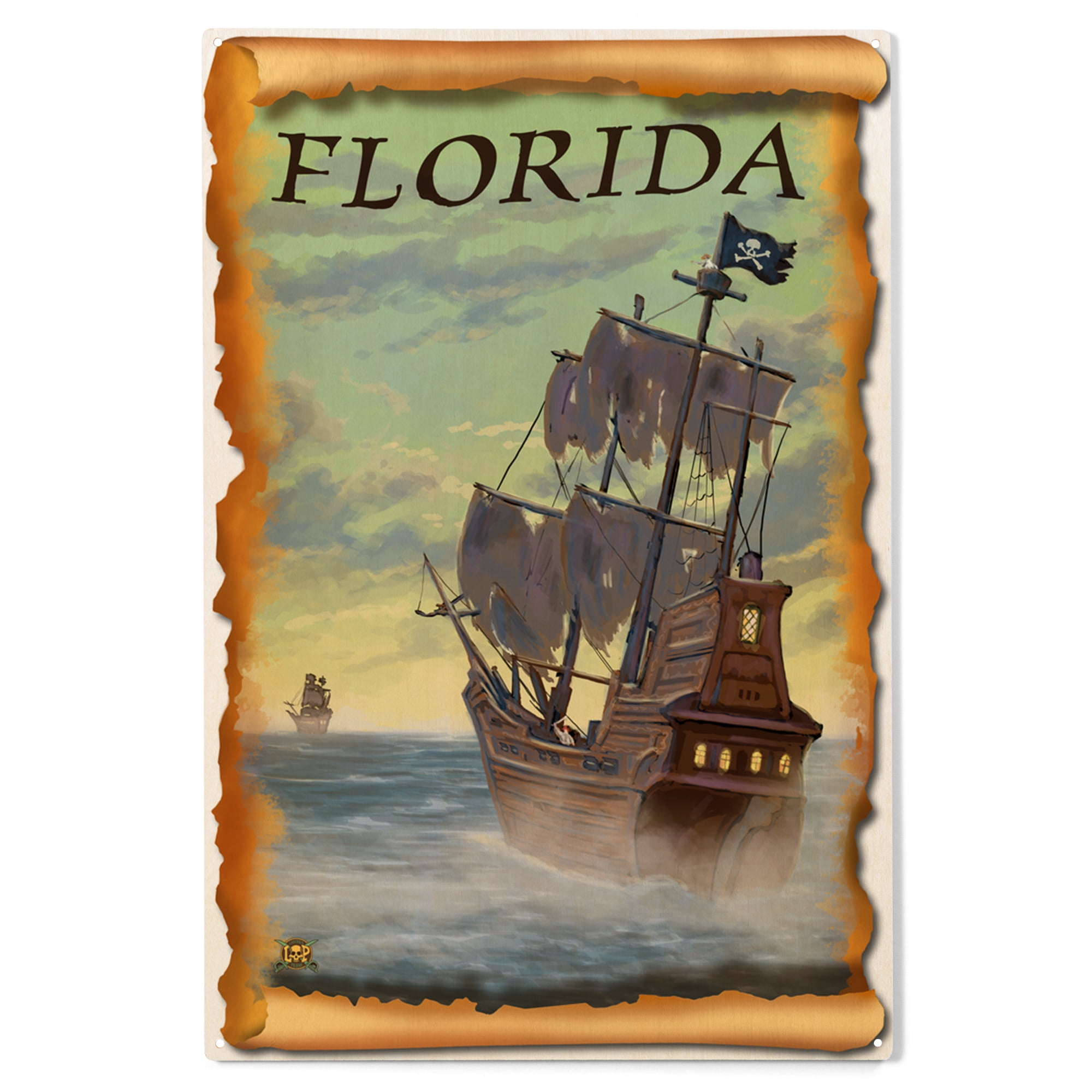 Florida, Pirate Ship Birch Wood Wall Sign (10x15 Rustic Home Decor ...