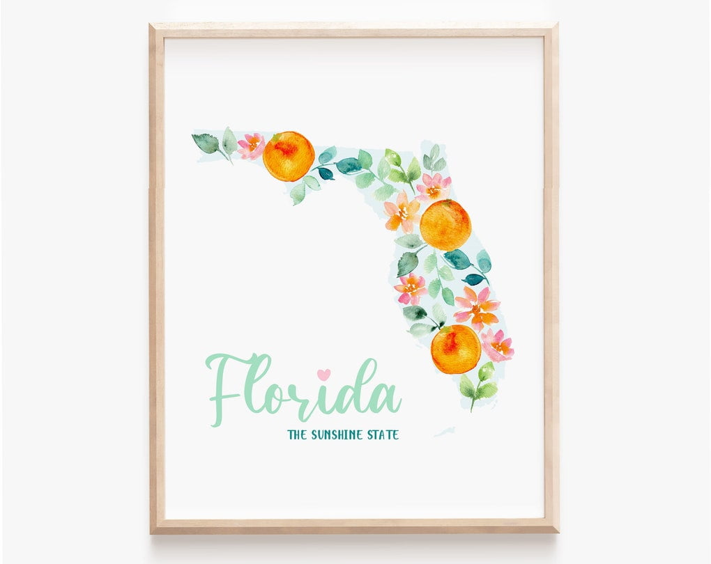 Florida State Map Watercolor Print, Sunshine State Florida Kids Room ...