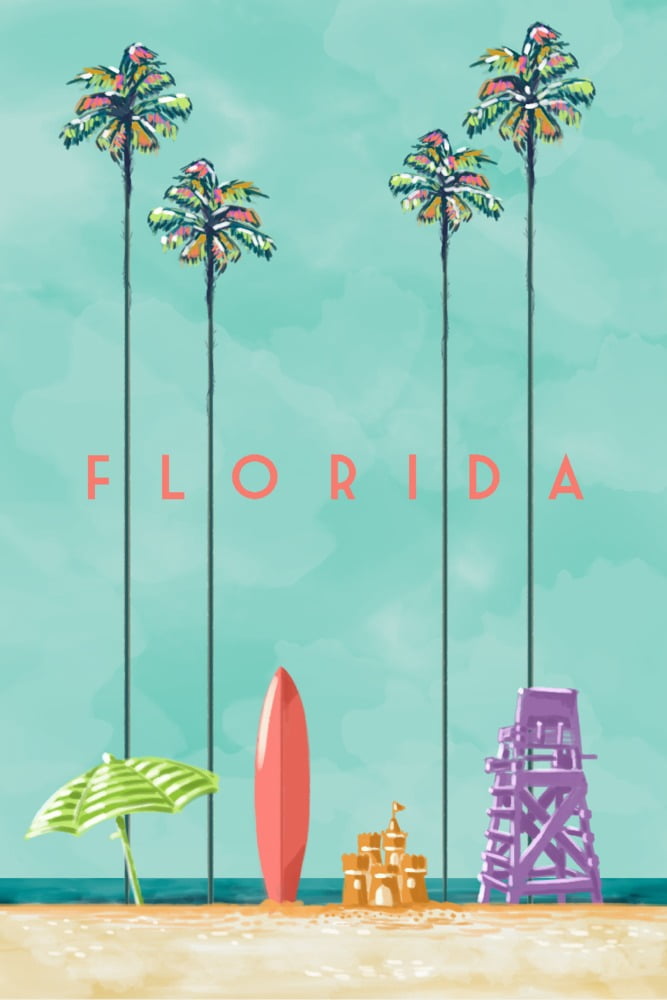 Florida, Tall Palms Beach Scene (12x18 Wall Art Poster, Room Decor ...