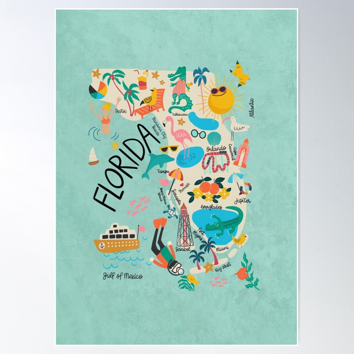 Florida Whimsical Map//Custom Map Design And Pattern Poster Wall Art ...