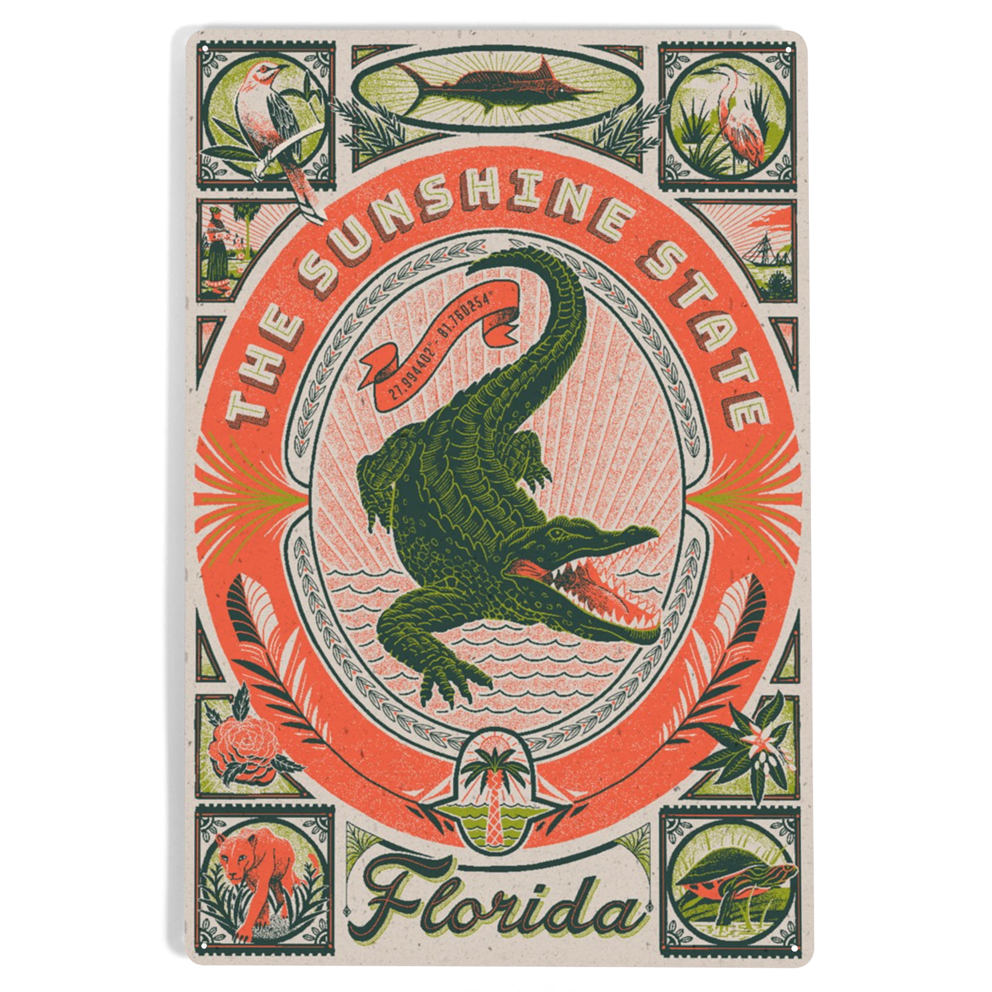 Florida, Woodcut Menagerie Series, The Sunshine State (12x18 Aluminum ...