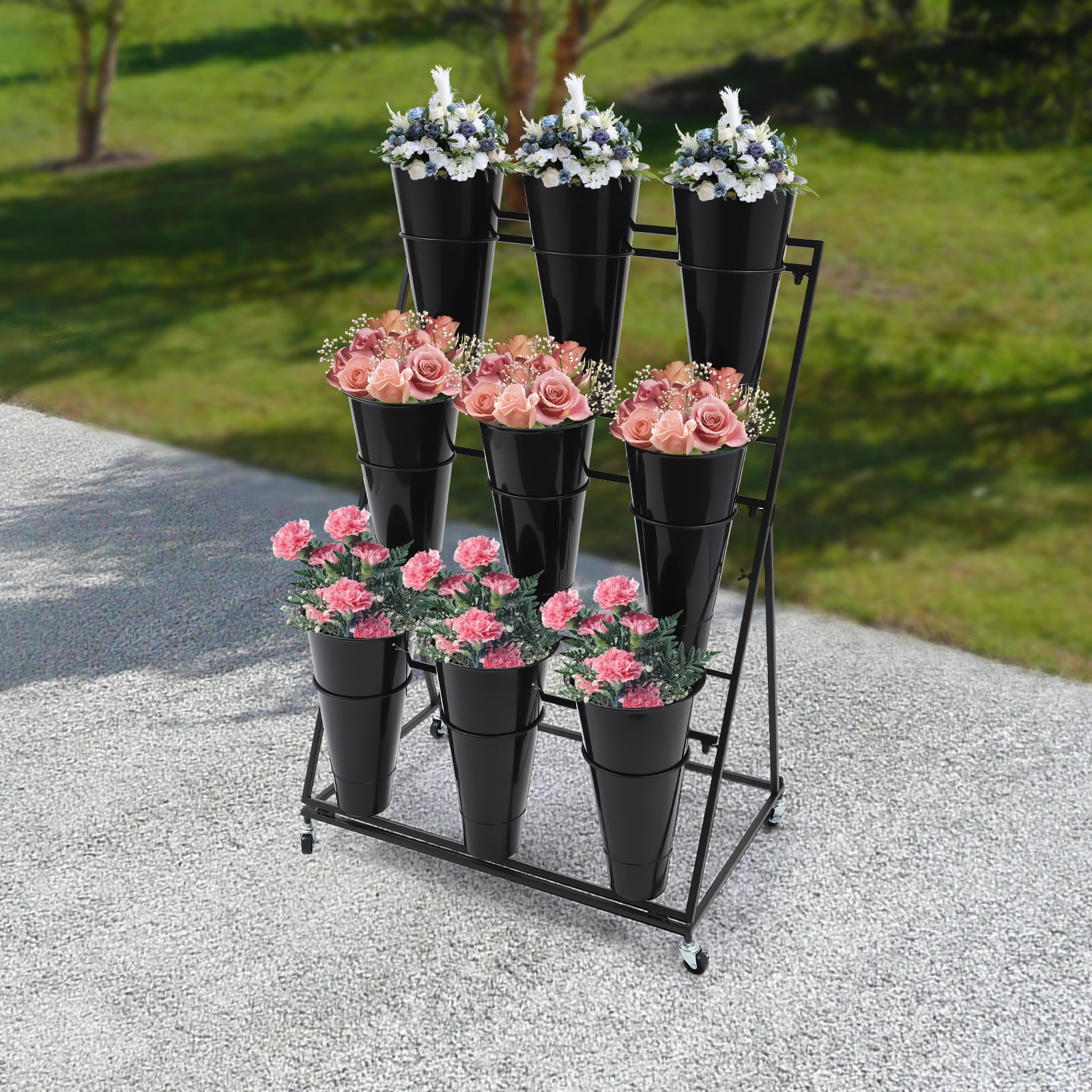 Florist Rolling Display Stand - Black Iron 3-Tier Flower Organizer with ...