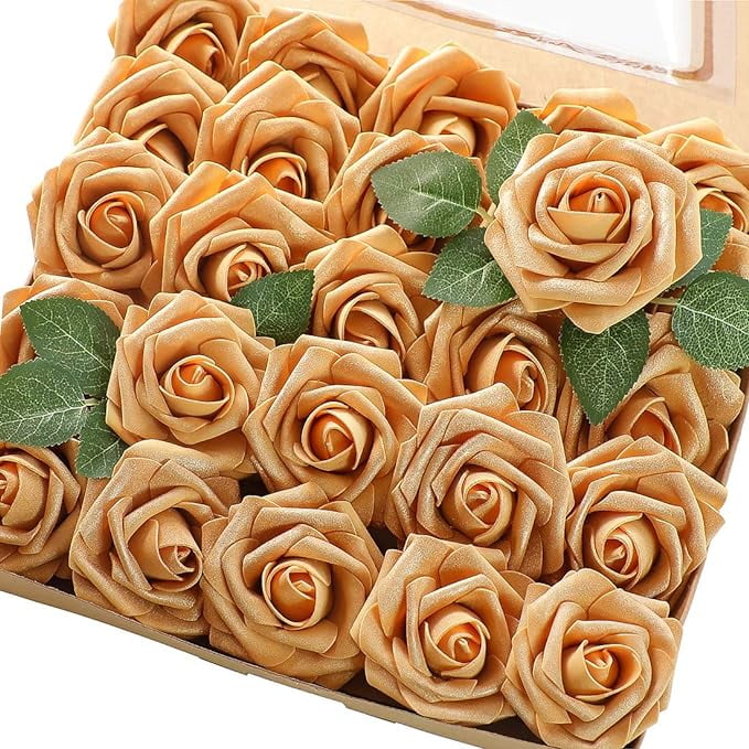 Floroom Artificial Flowers 25pcs Real Looking Gold Foam Fake Roses with ...