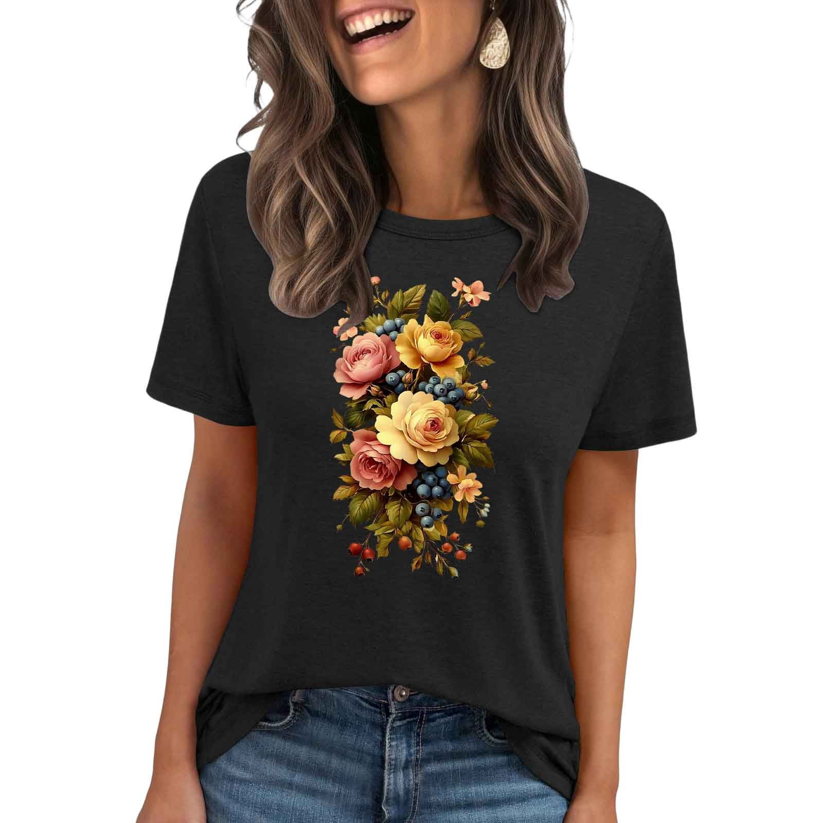 Floruhand T Shirts for Women Crewneck Boho Flowers Wildflowers Graphic ...