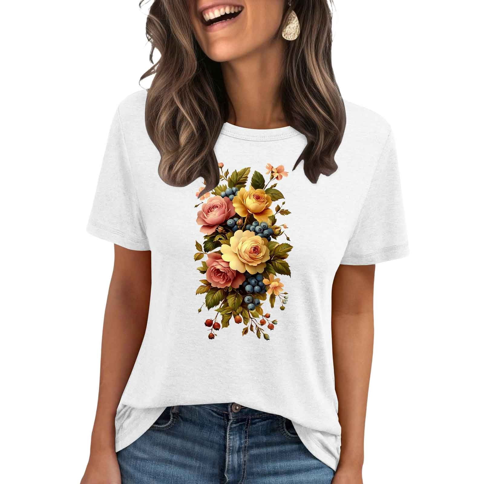 Floruhand T Shirts for Women Crewneck Boho Flowers Wildflowers Graphic ...