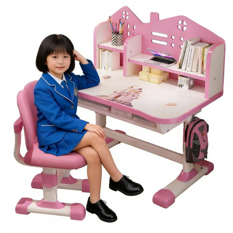 Floseru Children Learning Desk and Chair Set Pink Desk Set Height ...