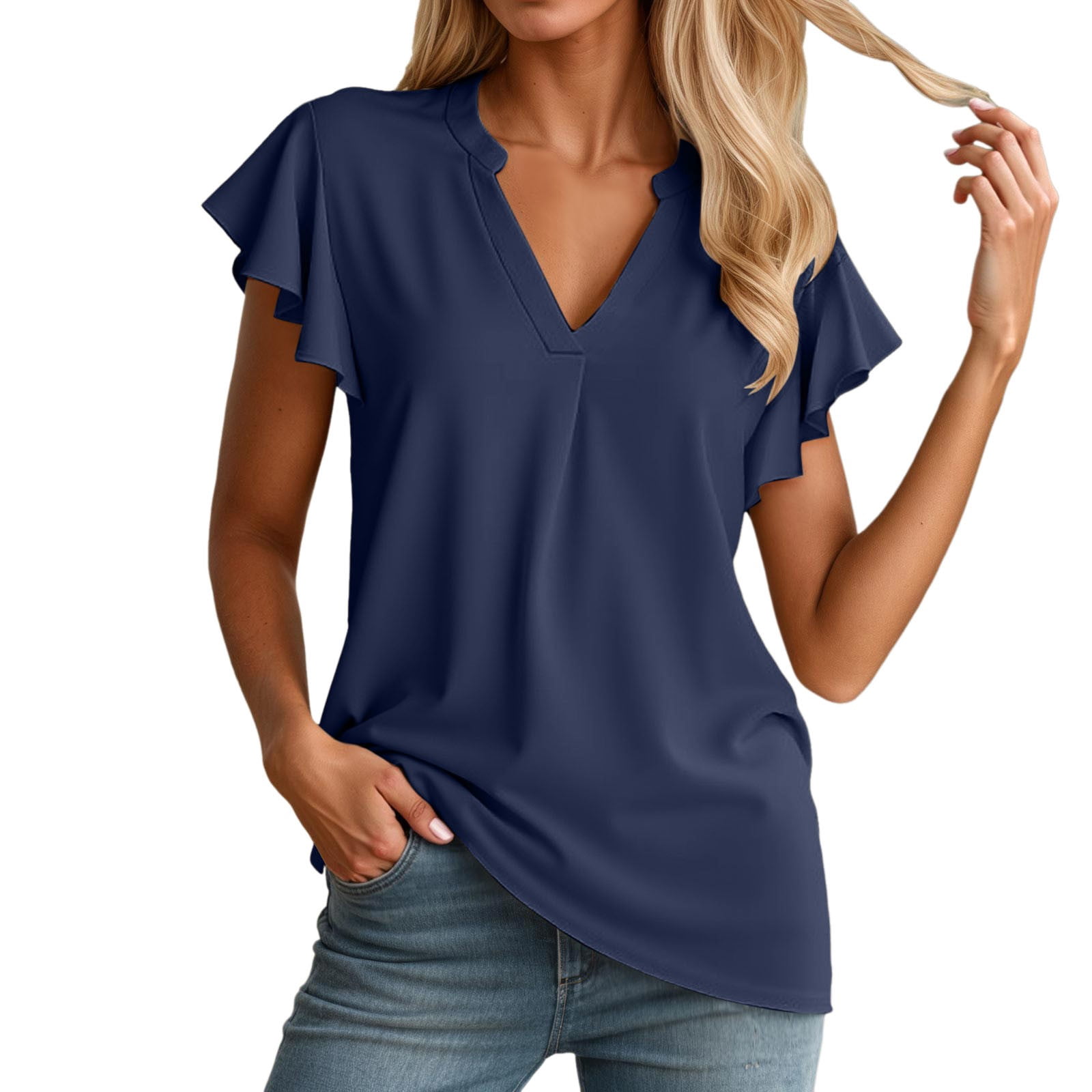 Flounce Neck Short Sleeve Casual Blouse Soft Chiffon Shirt Elegant ...