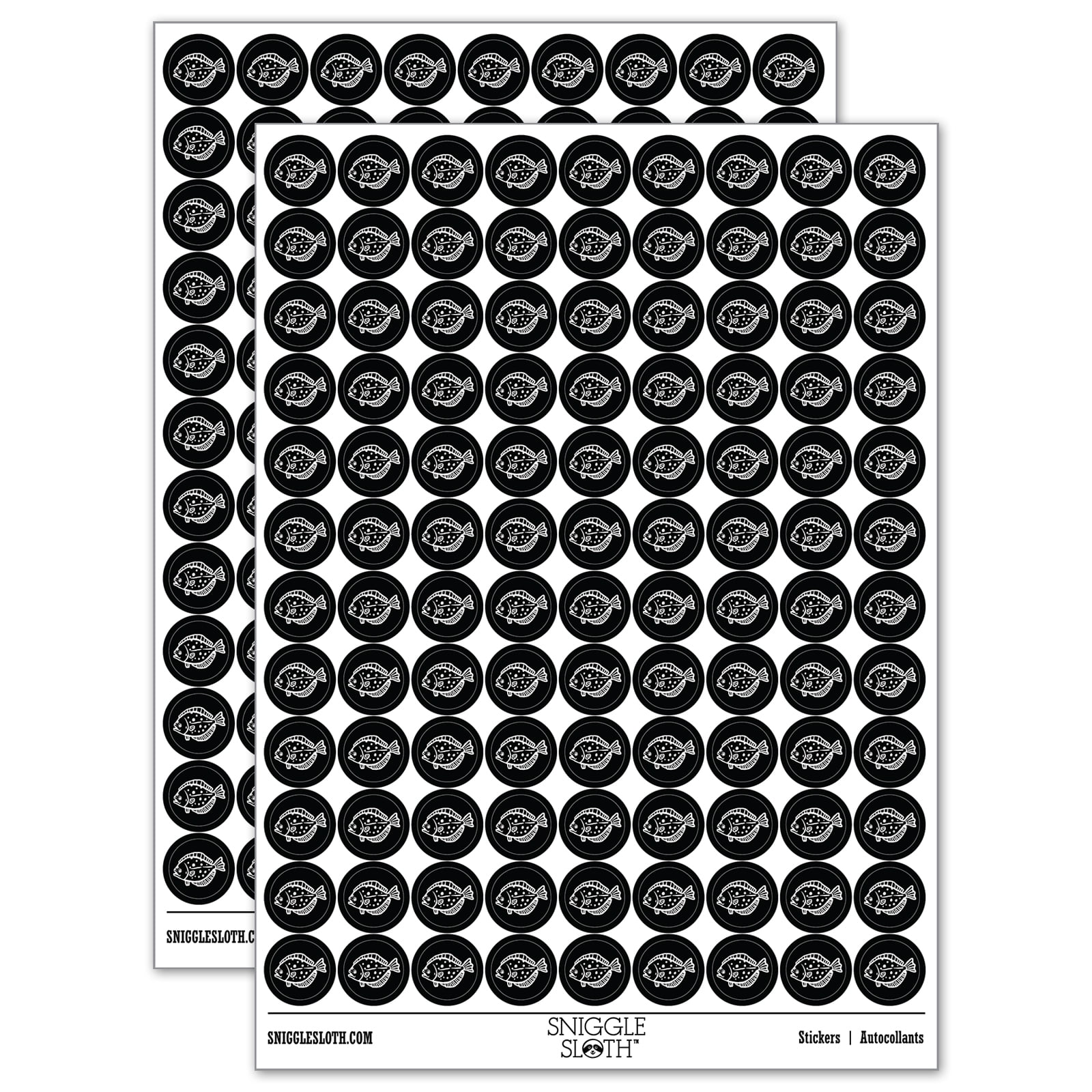 Flounder Halibut Flat Spotted Fish 200+ Round Stickers - Black - Gloss ...
