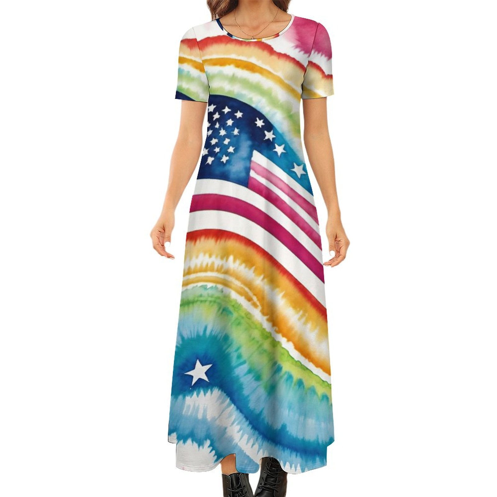 Flow, Flags, Watercolors Maxi Dress for Women Crew Neck Beach Dress ...
