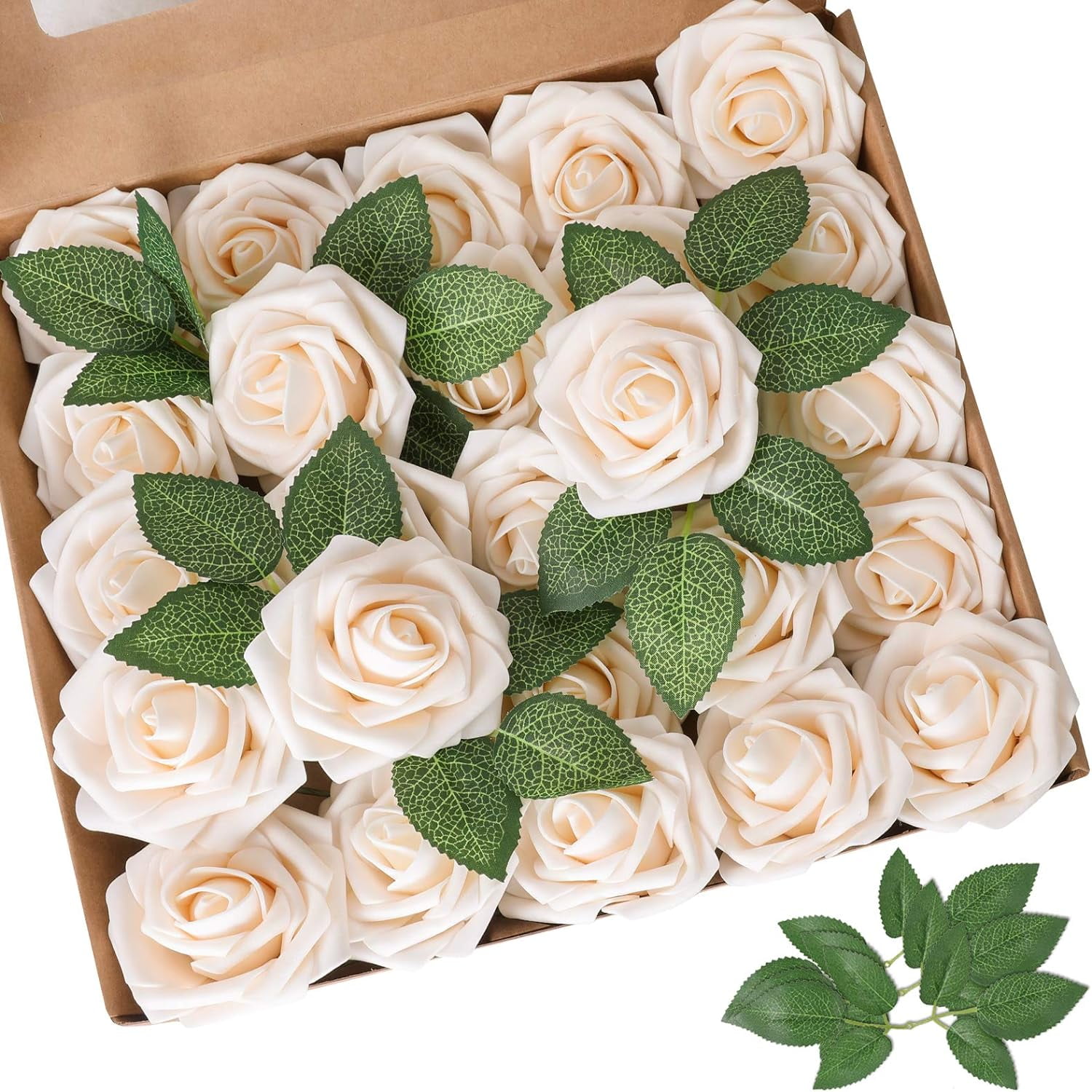 FlowGircnty Artificial Flower Champagne Rose 25pcs Real Looking Fake ...