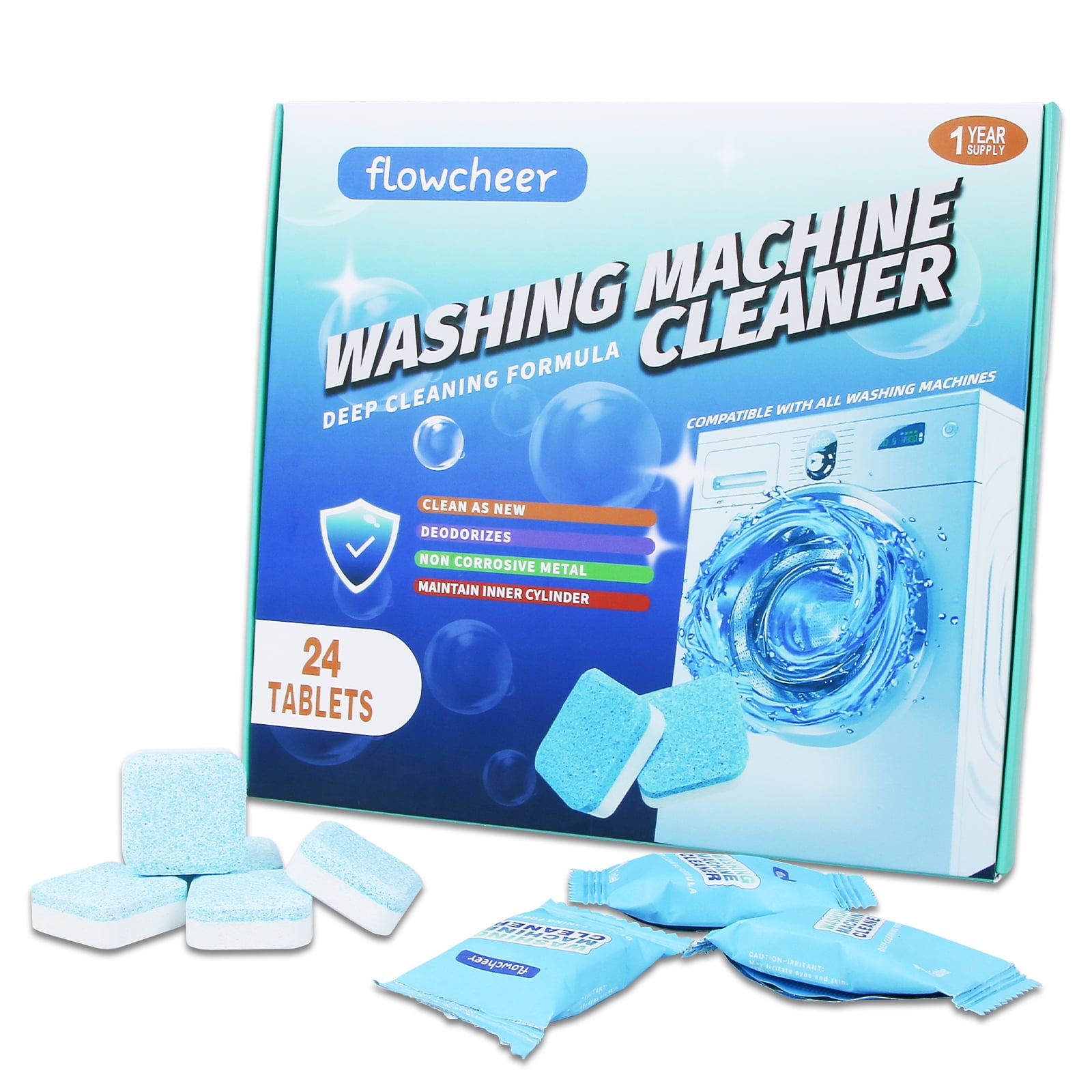Flowcheer Washing Machine Cleaner Descaler Tablets 24 Pack - Deep ...