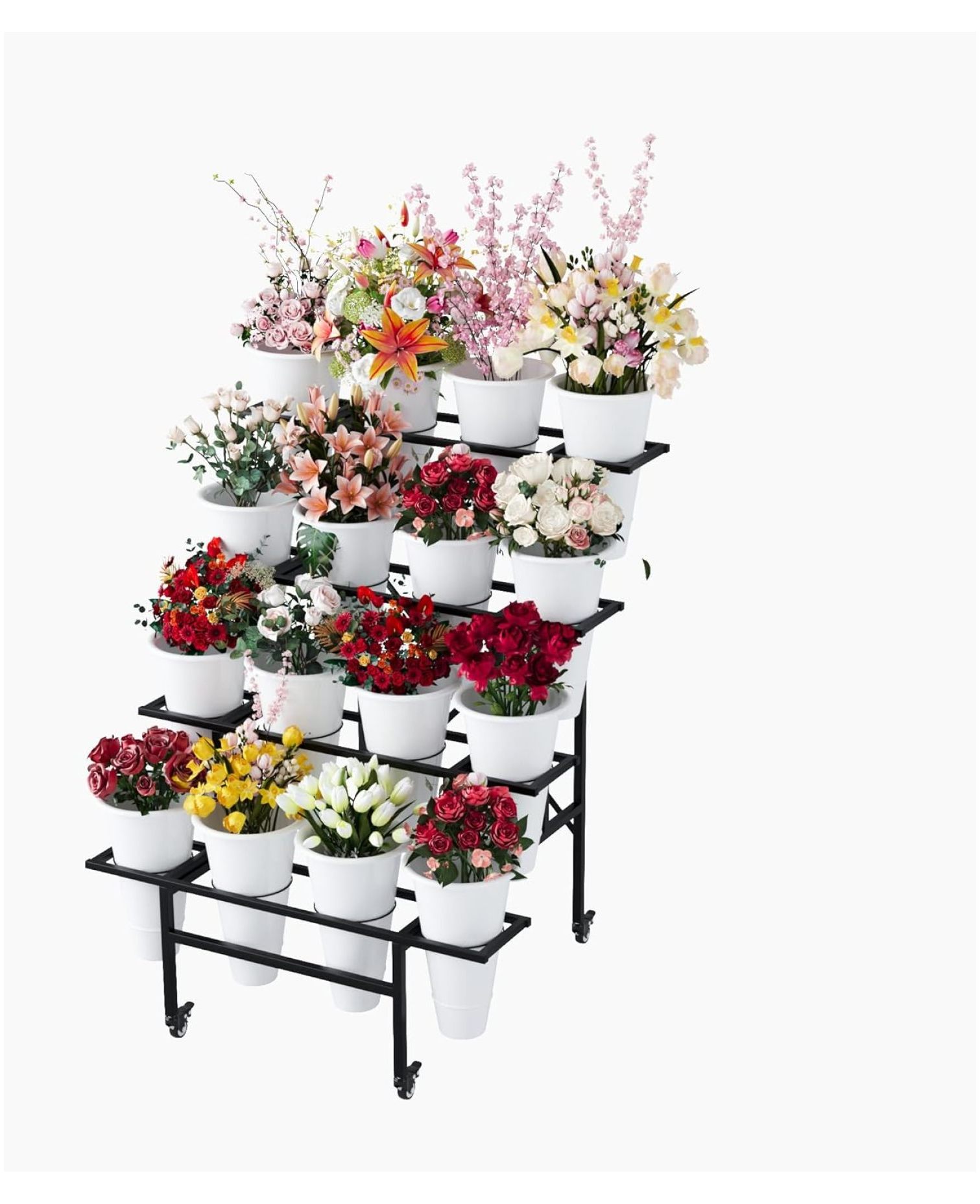 Flower 4 Tier Display Stand with 16pcs White Plastic Buckets for ...