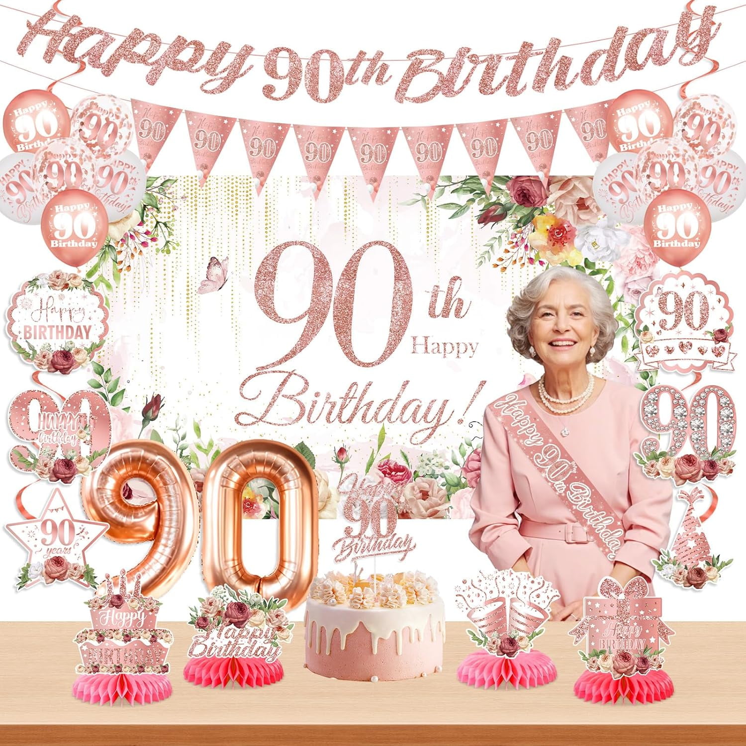 Flower 90th Birthday Decorations for Women Rose Gold 90th Birthday ...