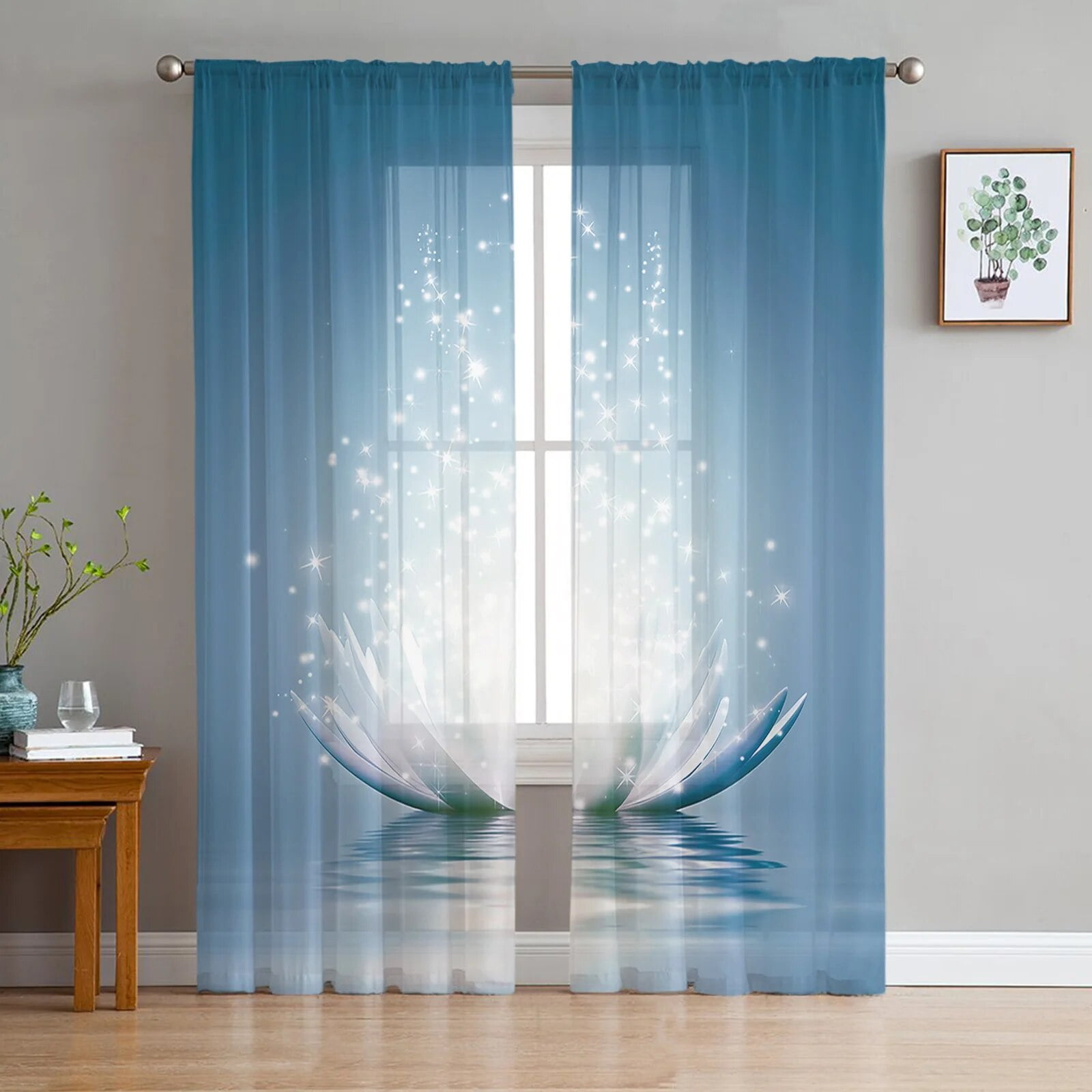 Flower Abstract Blue Lotus Tulle Curtains For Living Room Kitchen ...