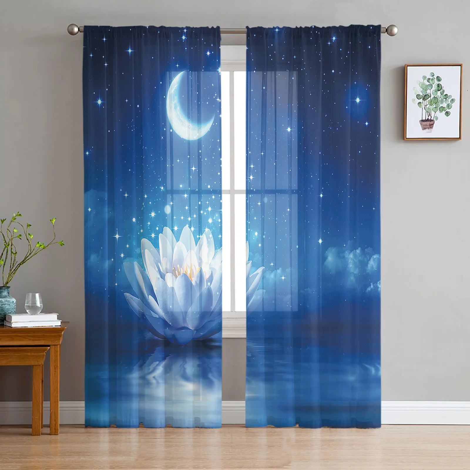 Flower Abstract Blue Lotus Tulle Sheer Window Curtains for Living Room ...