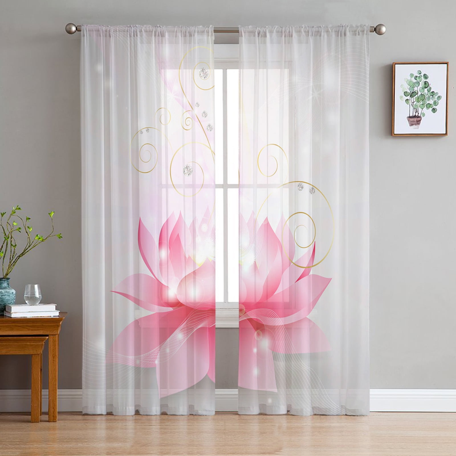 Flower Abstract Blue Lotus Tulle Sheer Window Curtains for Living Room ...