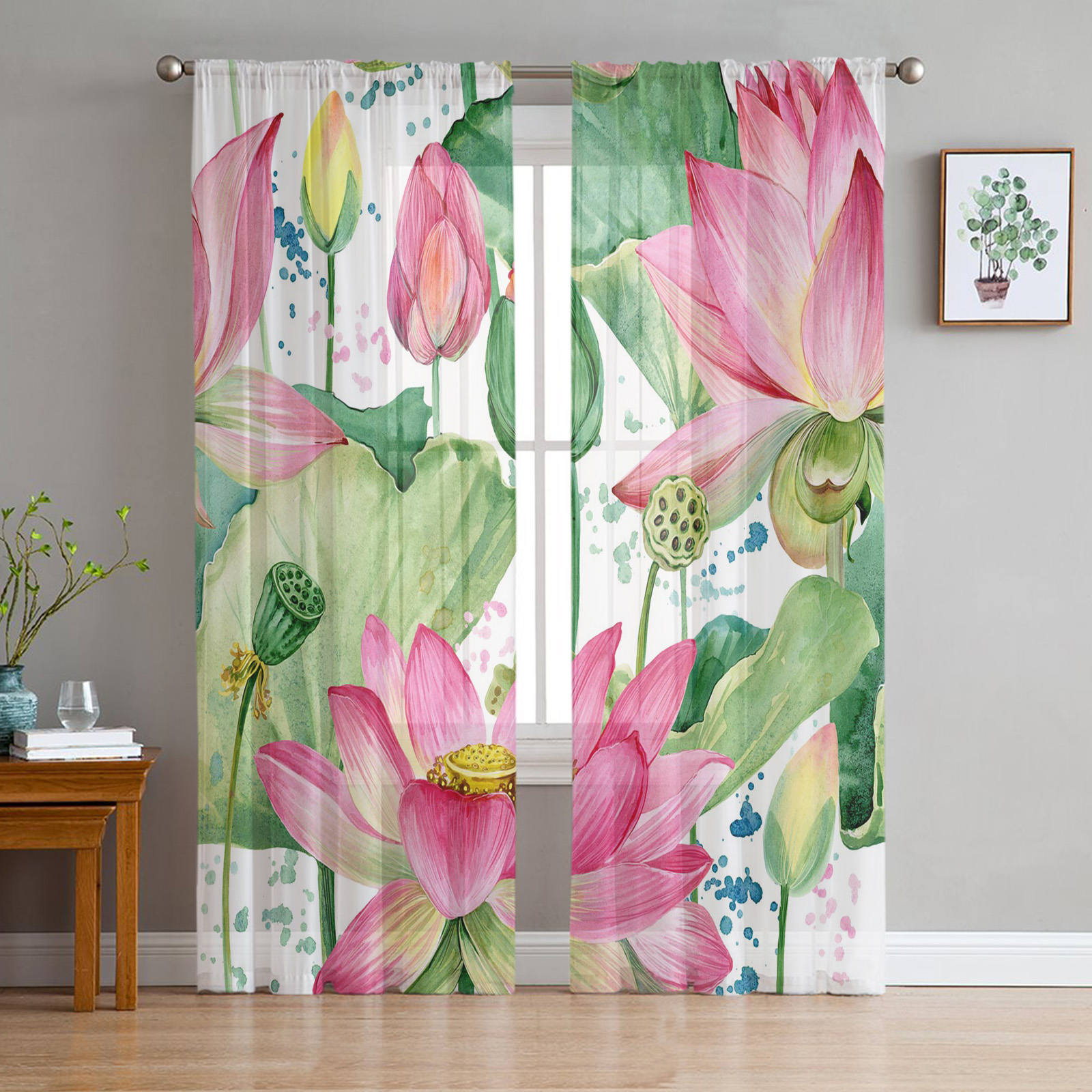 Flower Abstract Blue Lotus Tulle Sheer Window Curtains for Living Room ...
