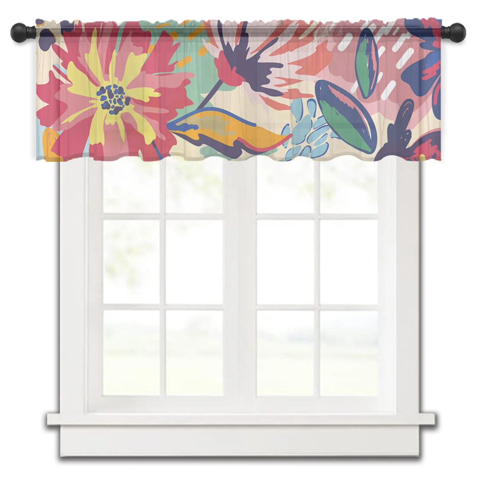 Flower Abstract Colorful Summer Small Window Curtain Tulle Sheer Short ...