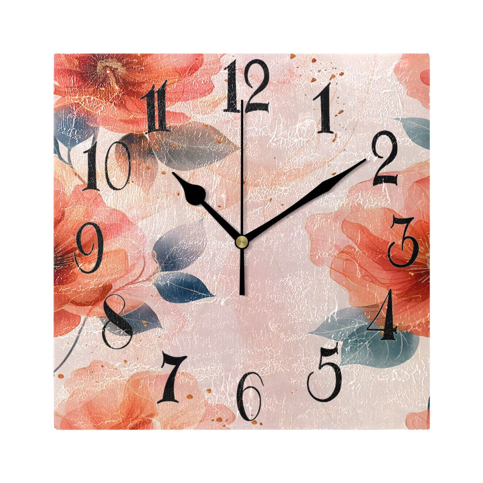 Flower Abstract Floral Wall Clock Decorative Square Silent Non-Ticking ...