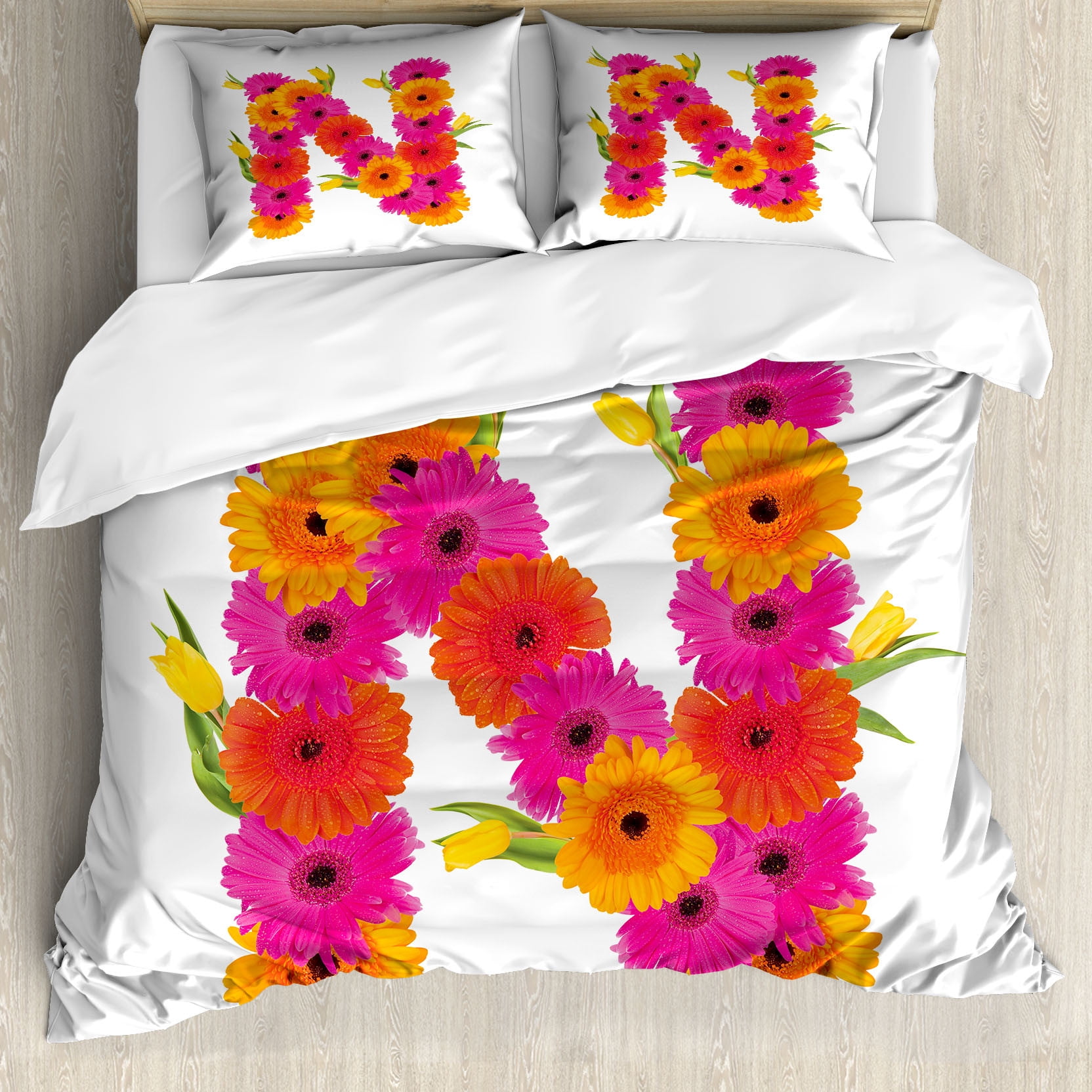 Flower Alphabet Duvet Cover Set, Gerbera Daisy Garden of Letter N on ...
