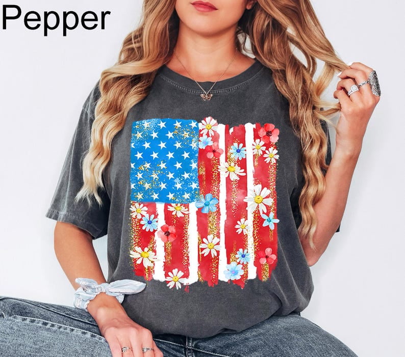 Flower America Flag Graphic T Shirt Patriotic Christian Theme - Walmart.com