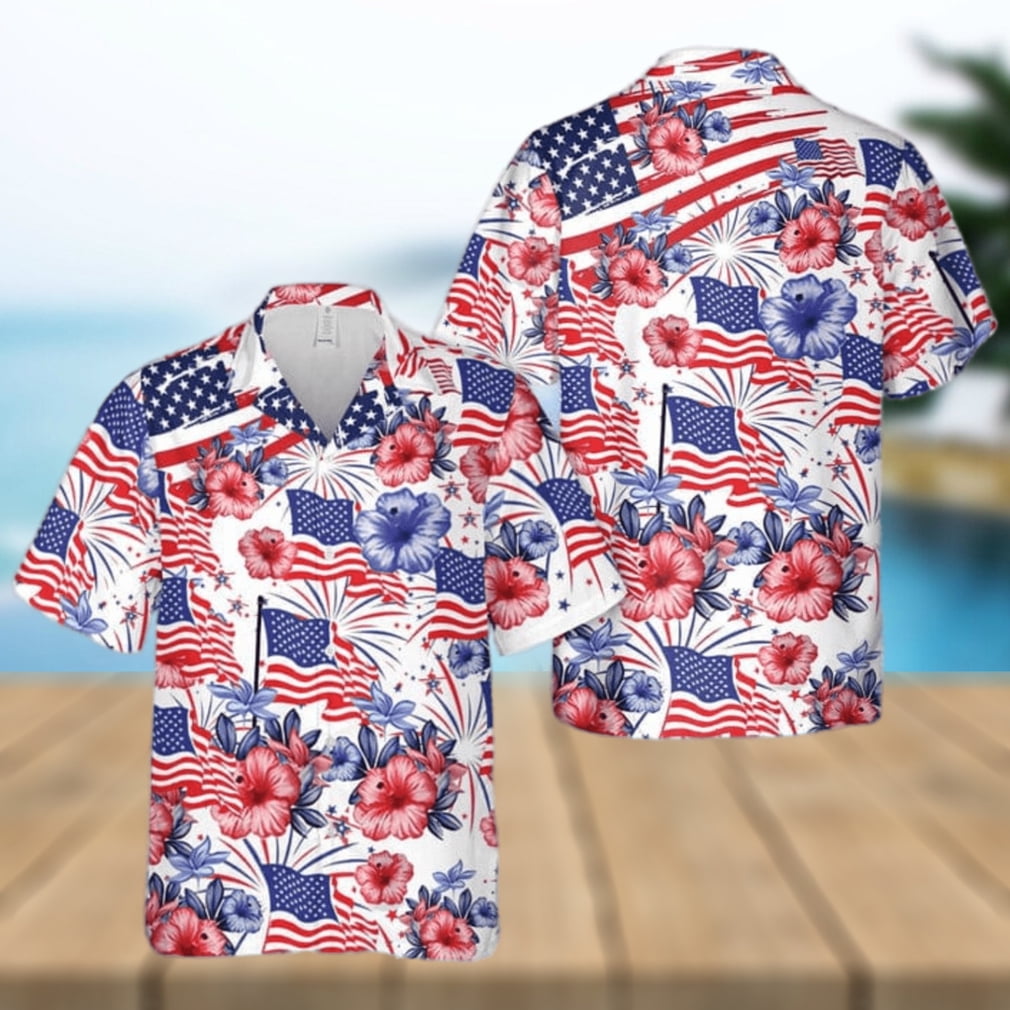 Flower American Flag Gift For 4th Of July Aloha Hawaiian Shirt ...
