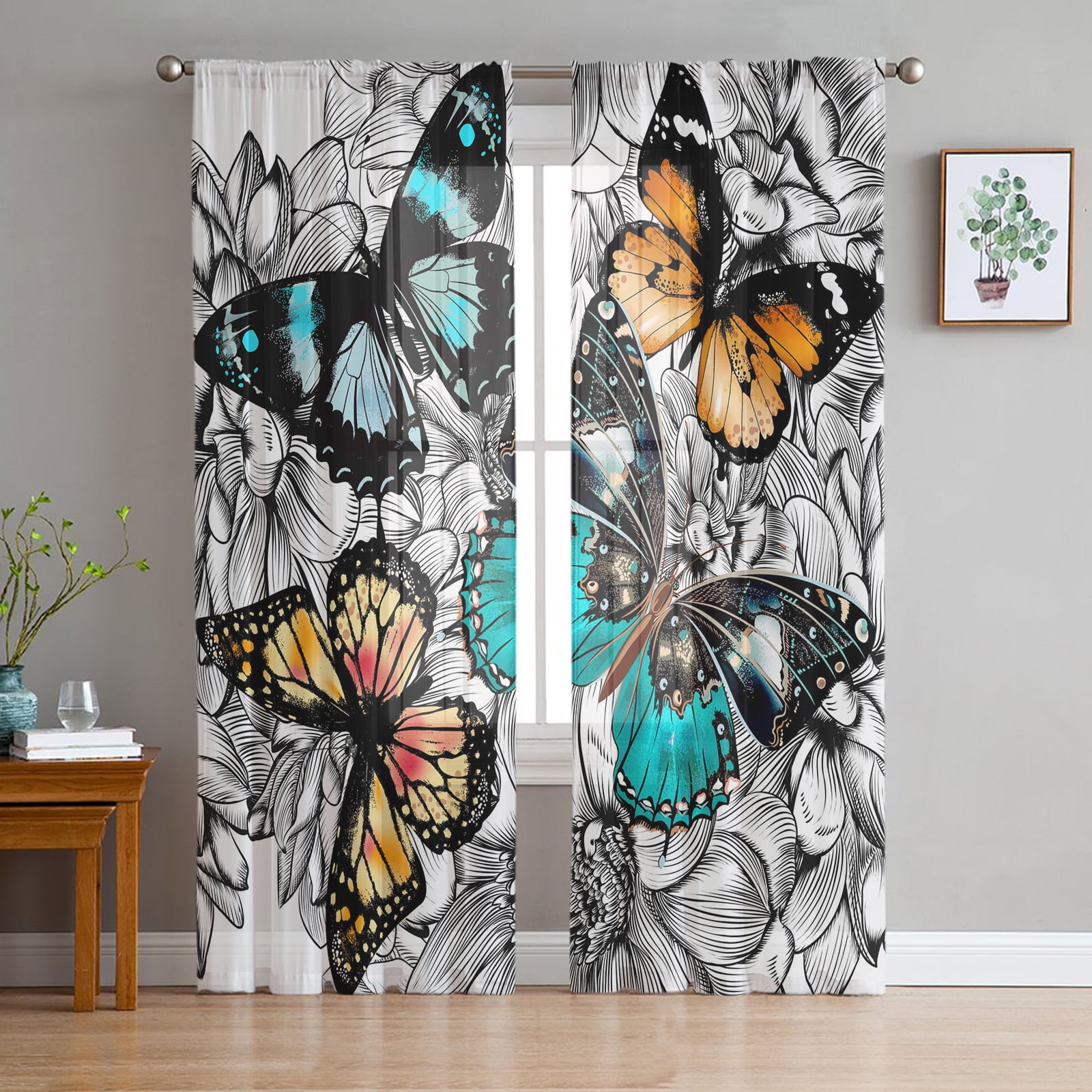 Flower And Colorful Butterfly Sheer Curtains for Living Room Bedroom ...