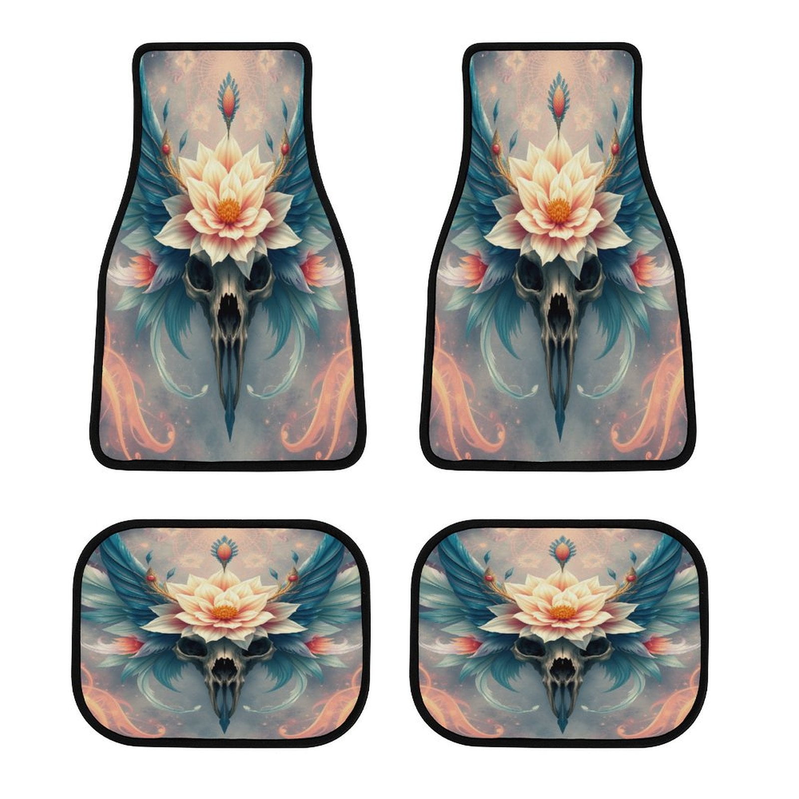 Flower And Feather Skull Art Pattern Car Floor Mats 4 Pieces Car Floor ...