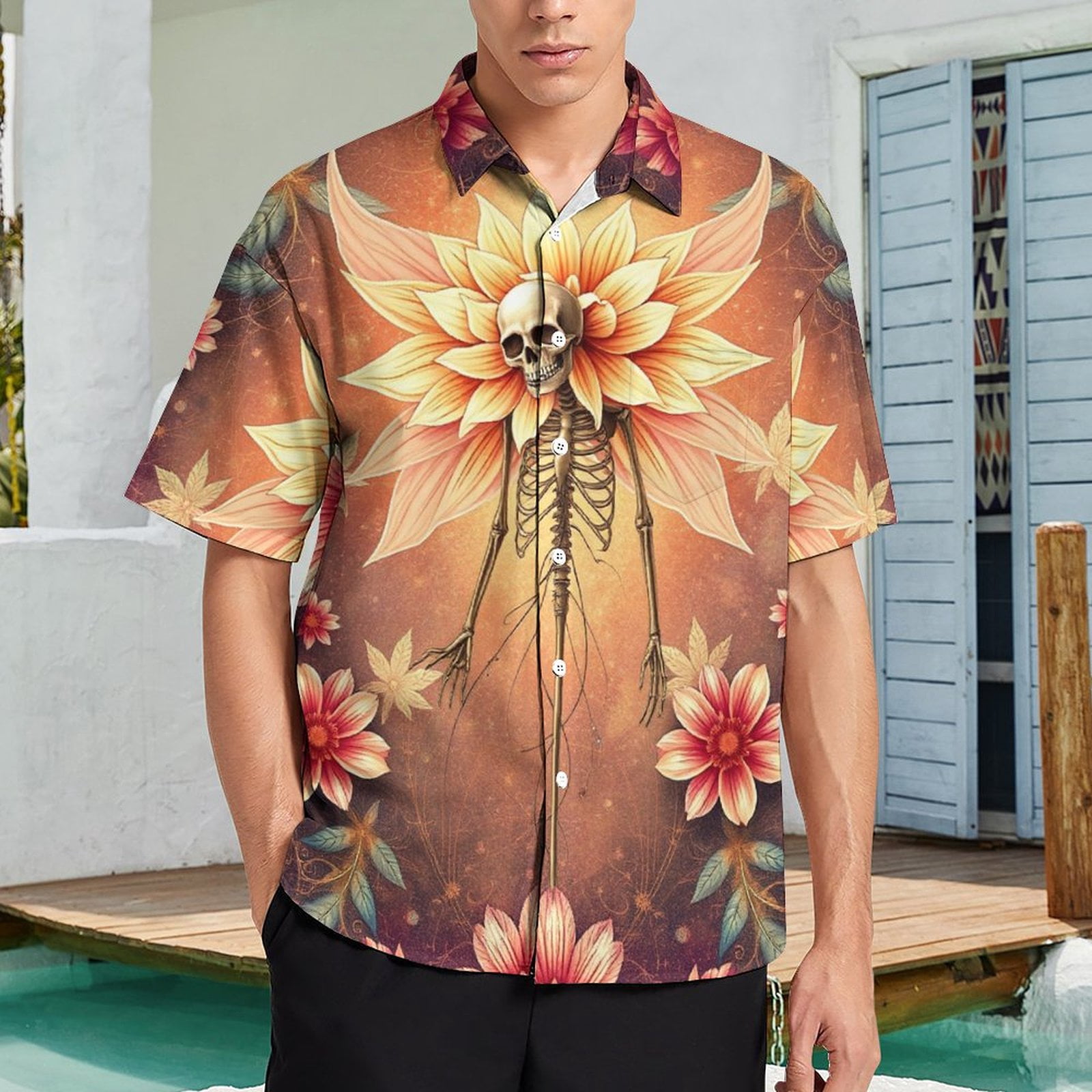 Flower And Feather Skull Art Pattern Loose Shirt Male Vacation Field ...