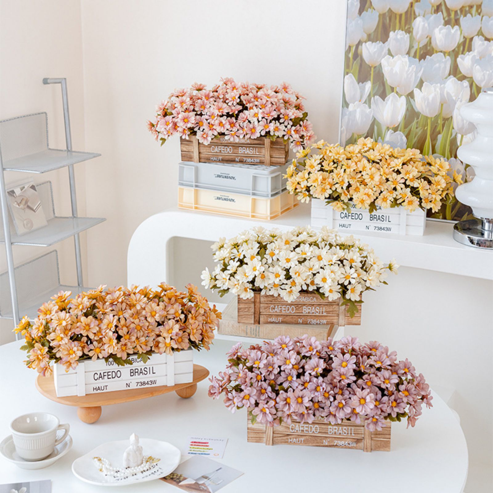Flower Arrangement with Wooden Vase Artificial Flowers in Pot - Fake ...