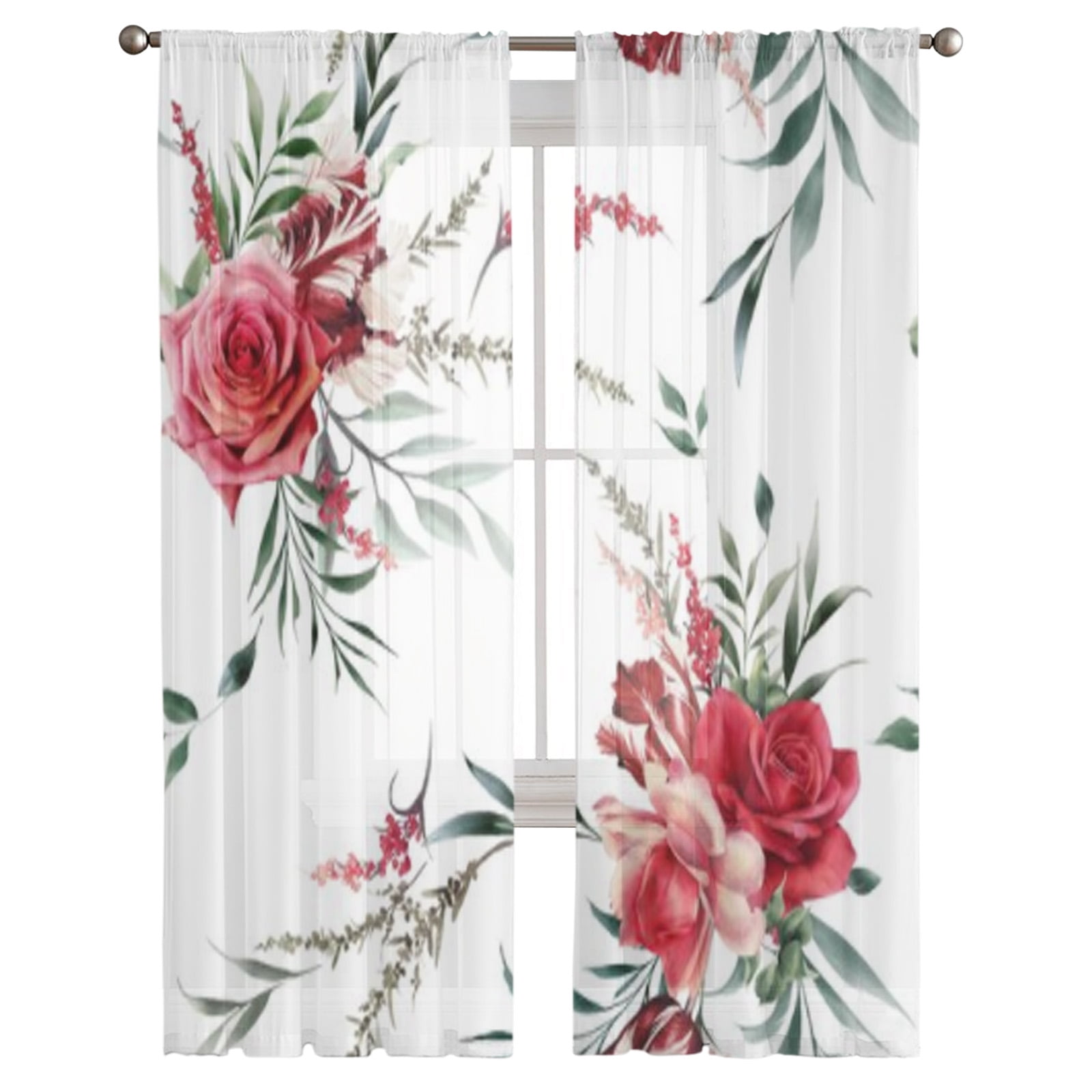 Flower Art Watercolor Rose Tulle Window Curtain for Living Room Modern ...