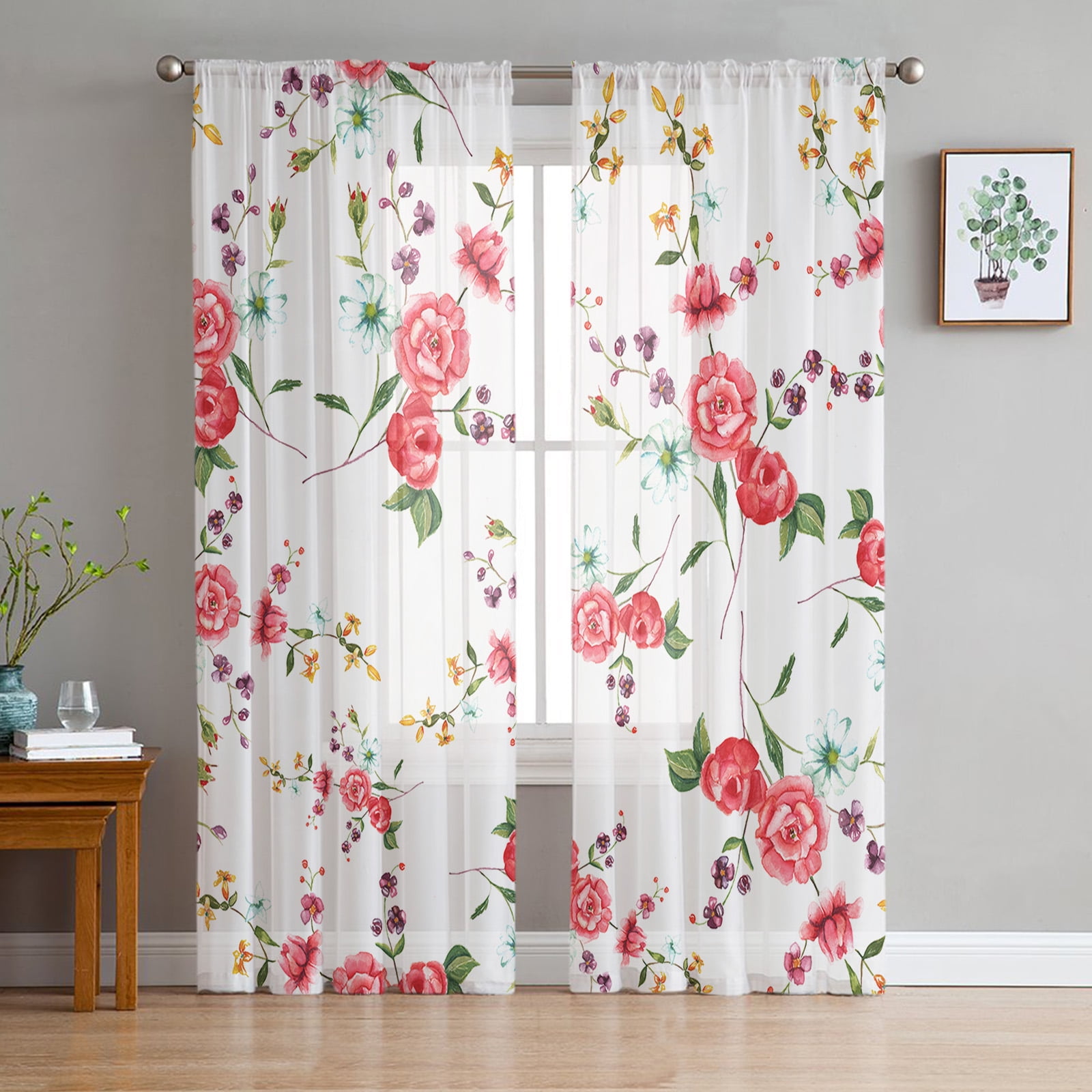 Flower Art Watercolor Rose Tulle Window Curtain for Living Room Modern ...