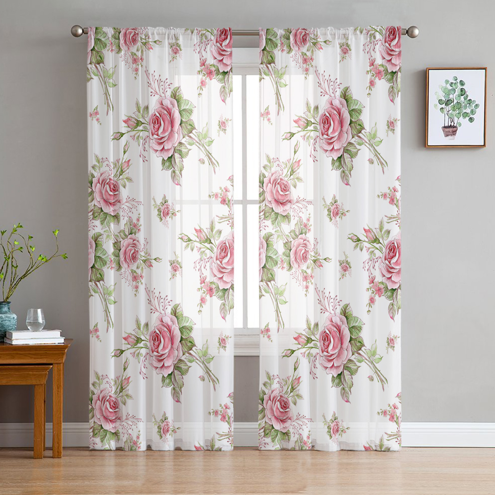 Flower Art Watercolor Rose Tulle Window Curtain for Living Room Modern ...